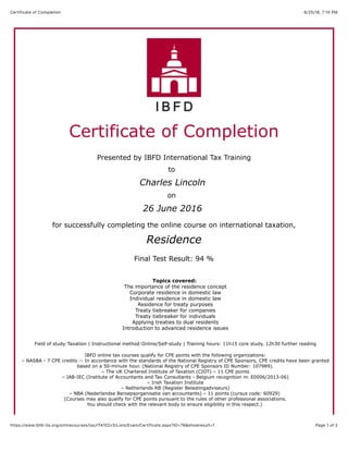 Certificate of Completion Residency Tax IBFD | PDF