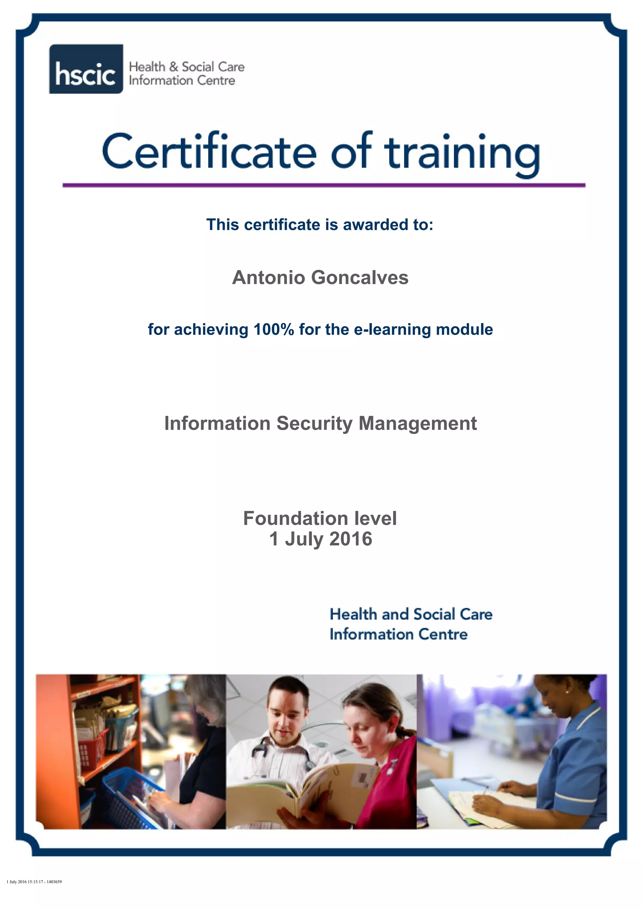 Antonio Goncalves - Information Security Management - Certificate | PDF