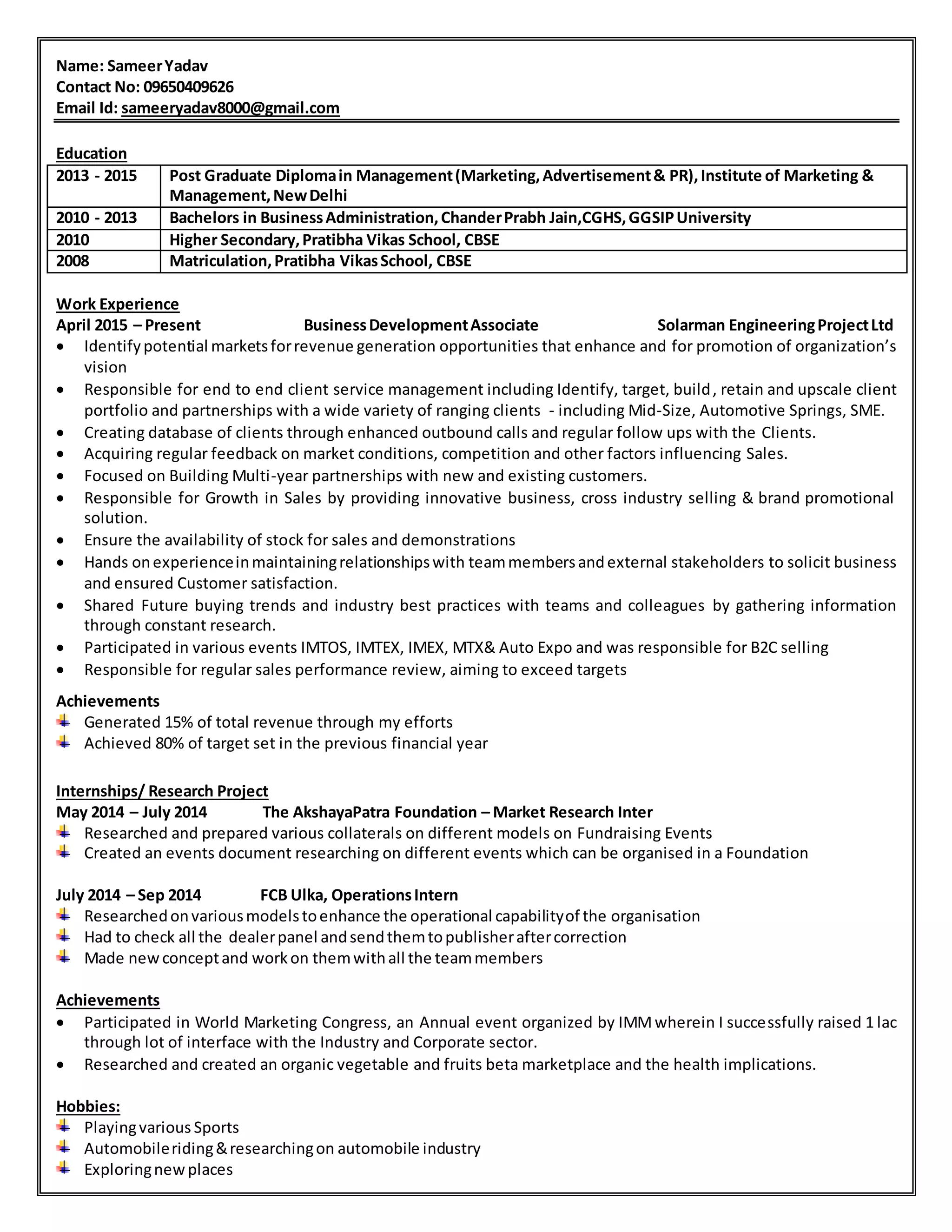 Sameer Yadav_Resume | DOCX
