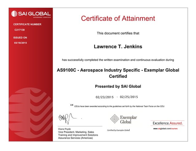 AS9100 Aerospace Industry Specific Certificate | PDF