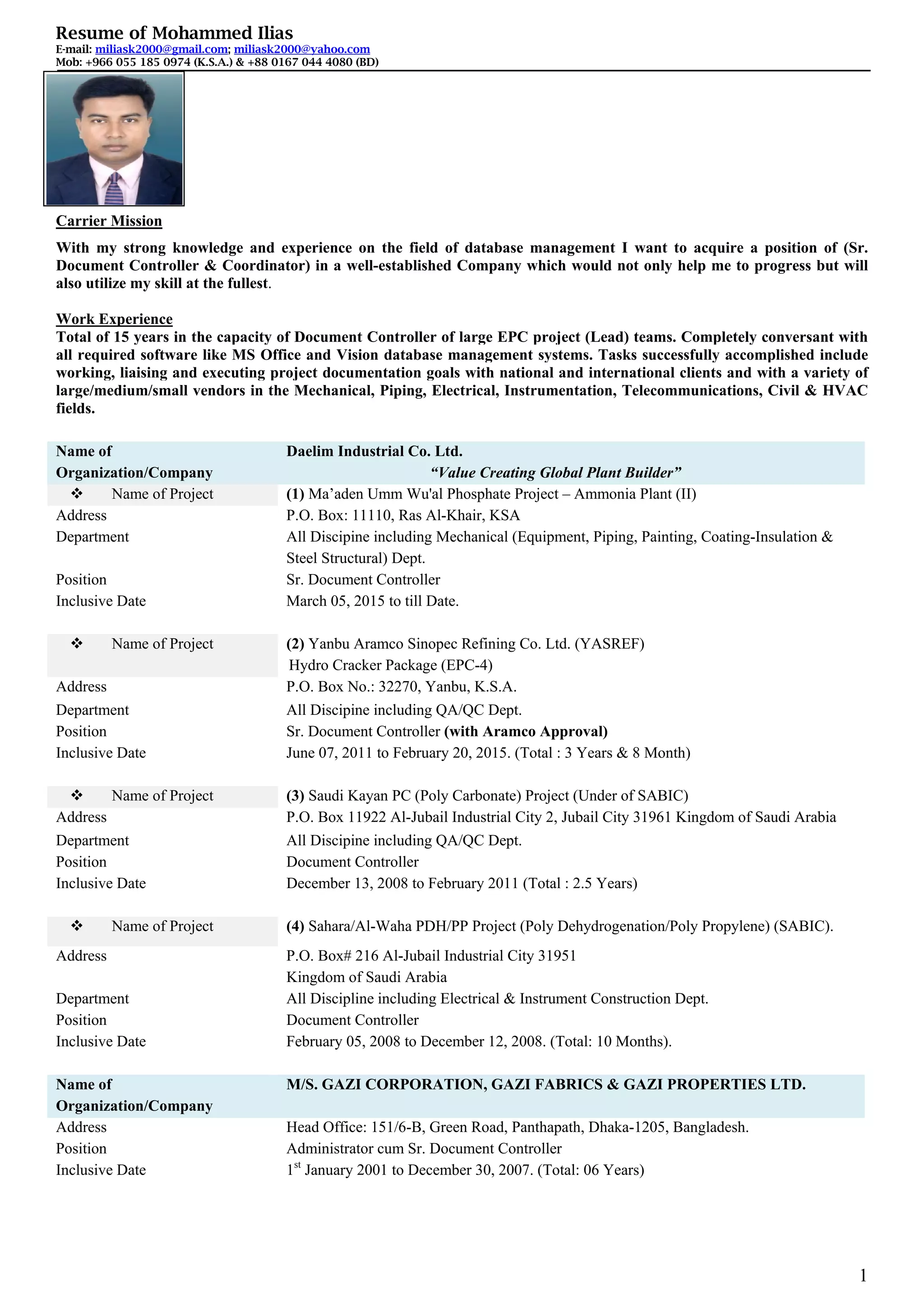 Resume of Mohammed Ilias-(Sr. Document Controller) | PDF