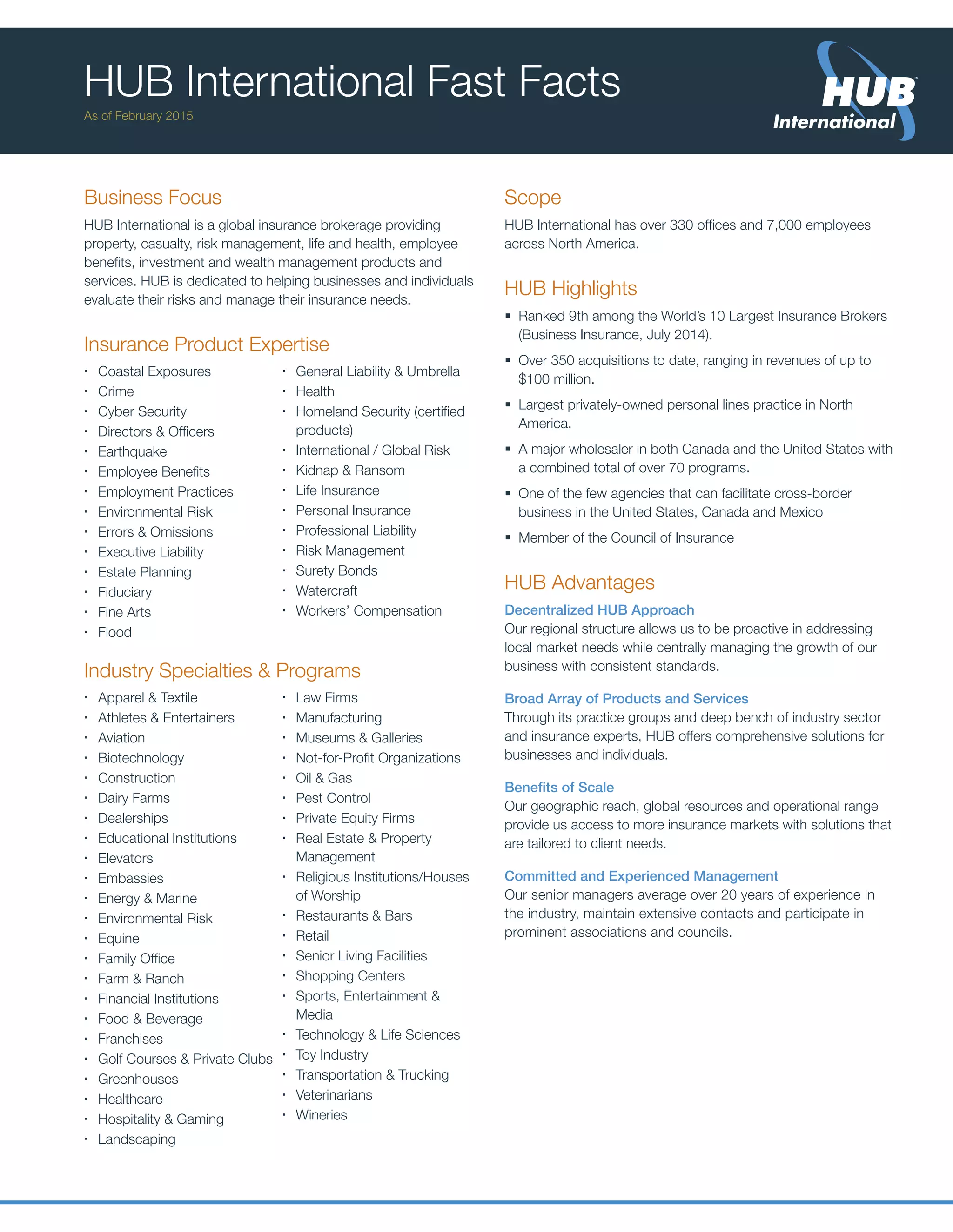 HUB International Fast Facts | PDF | Financial Industry | Industries