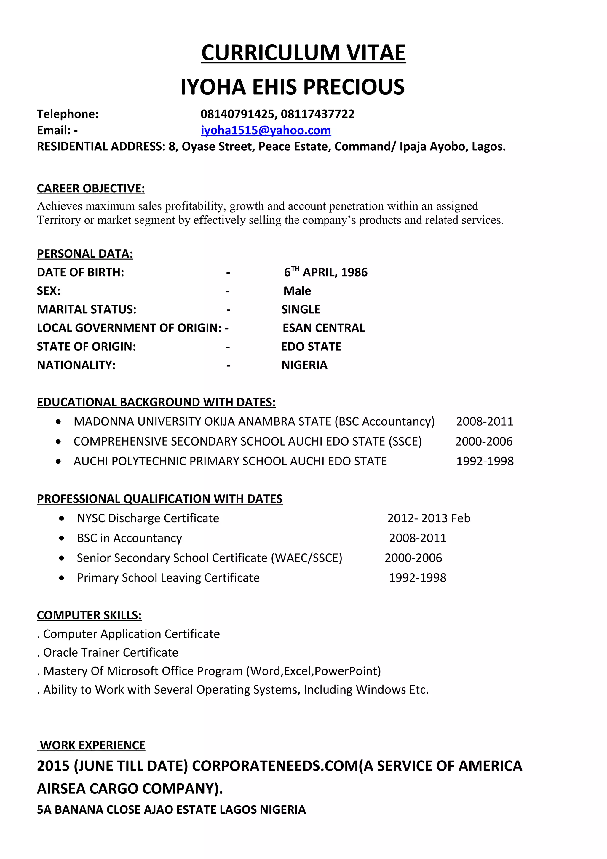 IYOHA PRECIOUS CV | PDF
