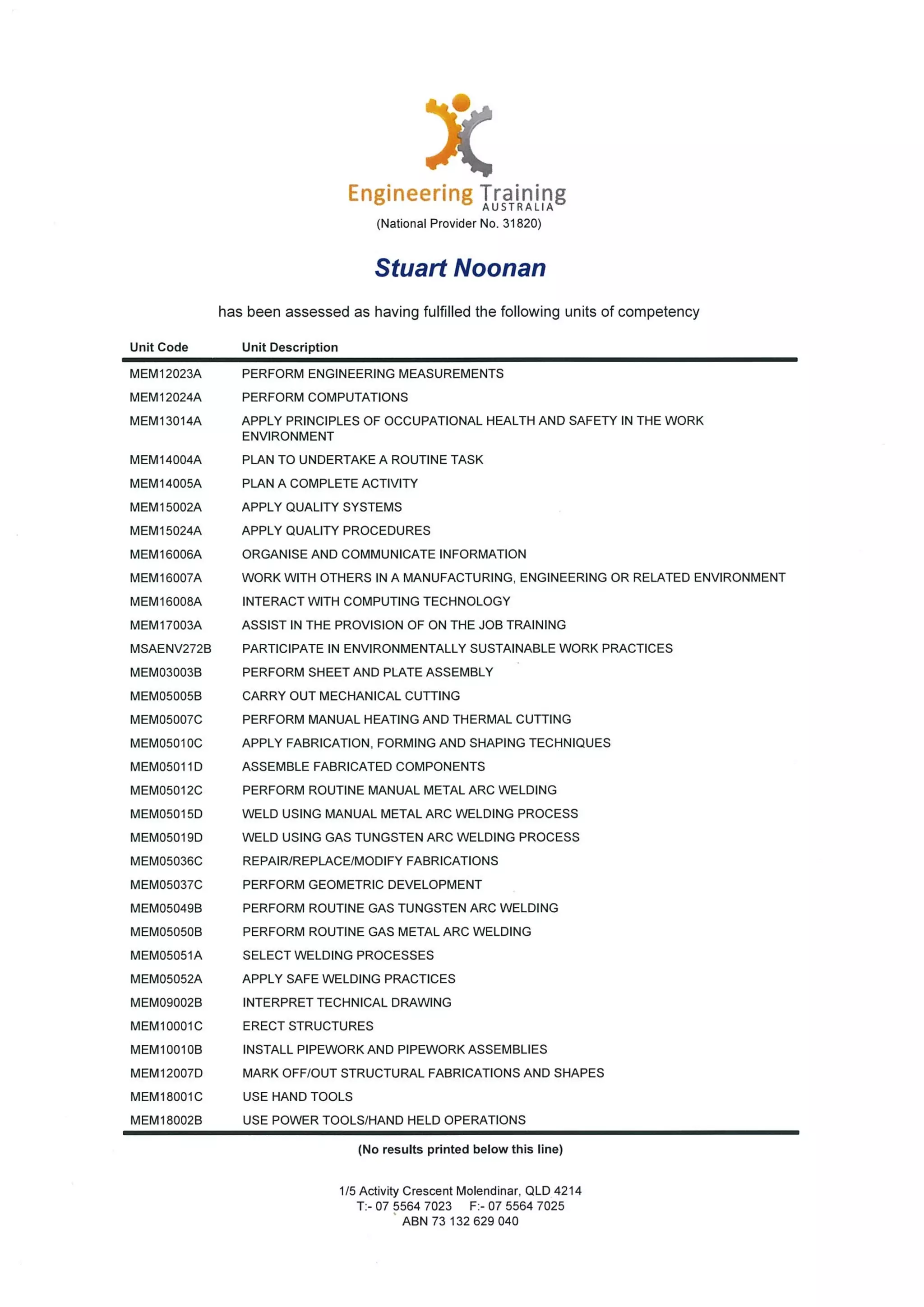 Stuart Noonan Trade Certificate | PDF