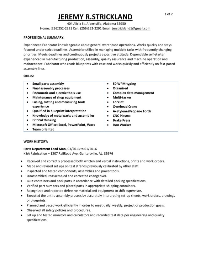 JEREMY R STRICKLAND PARTS DEPARTMENT RESUME | PDF