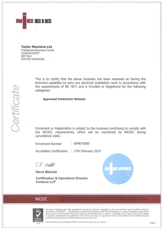 NICEIC Certificate 2015