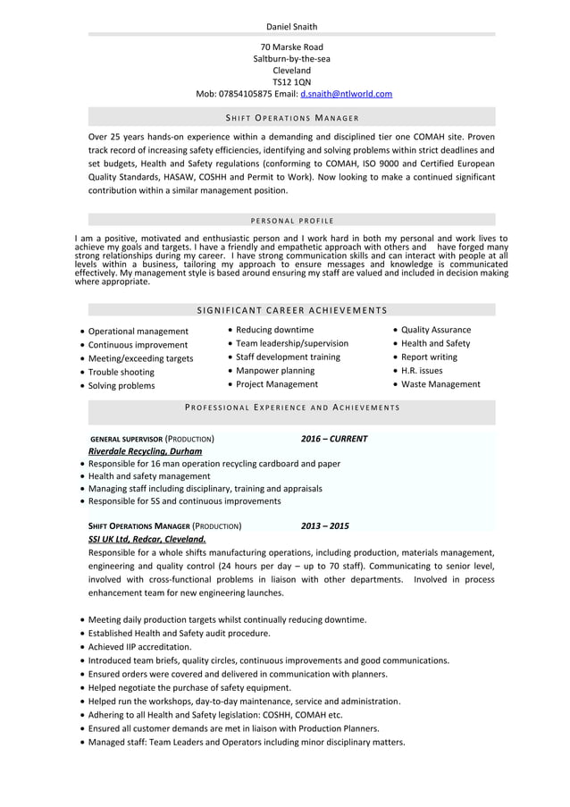 16 years Supervisor. Daniel Snaith CV | PDF