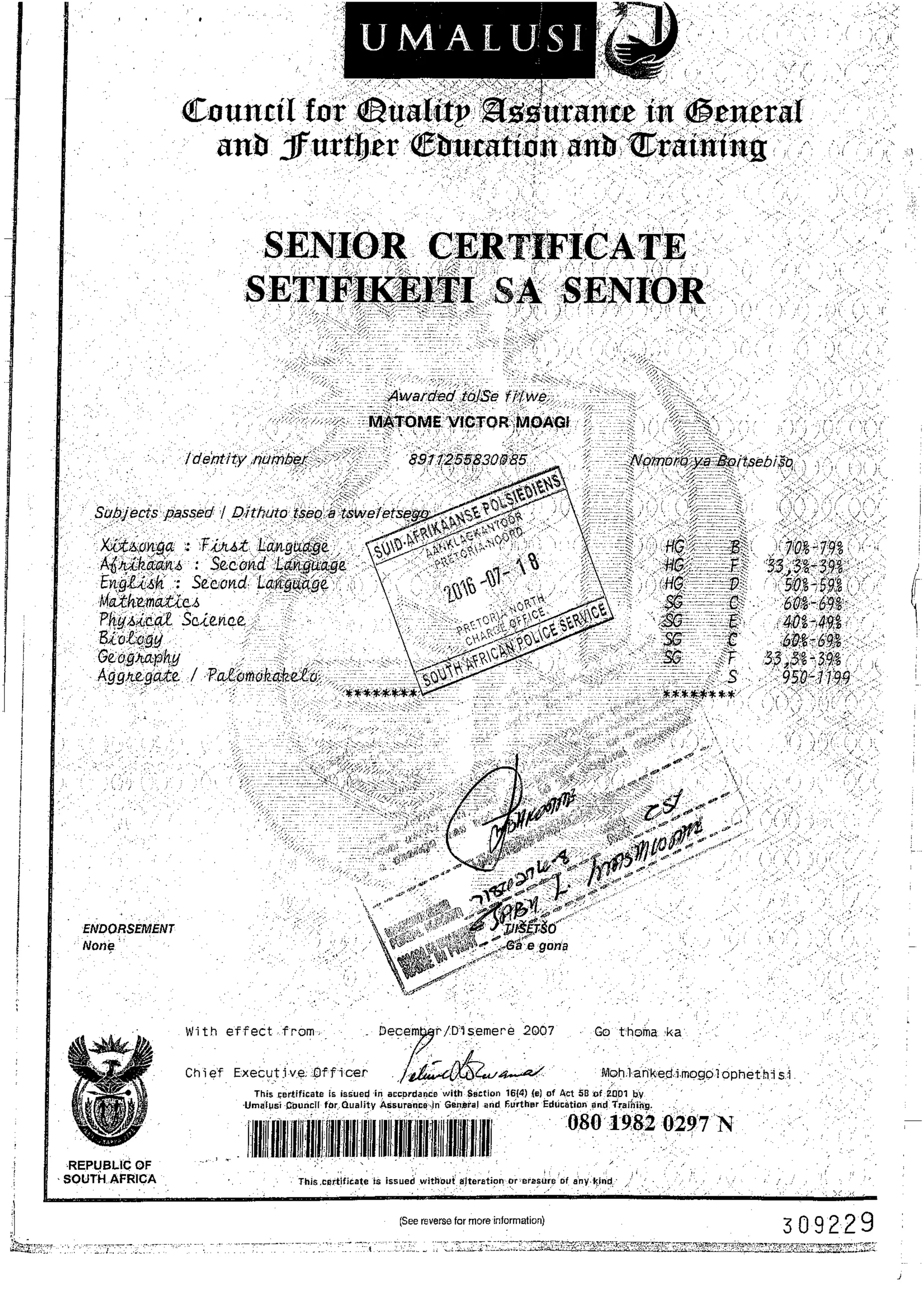 Matric Certificate | PDF