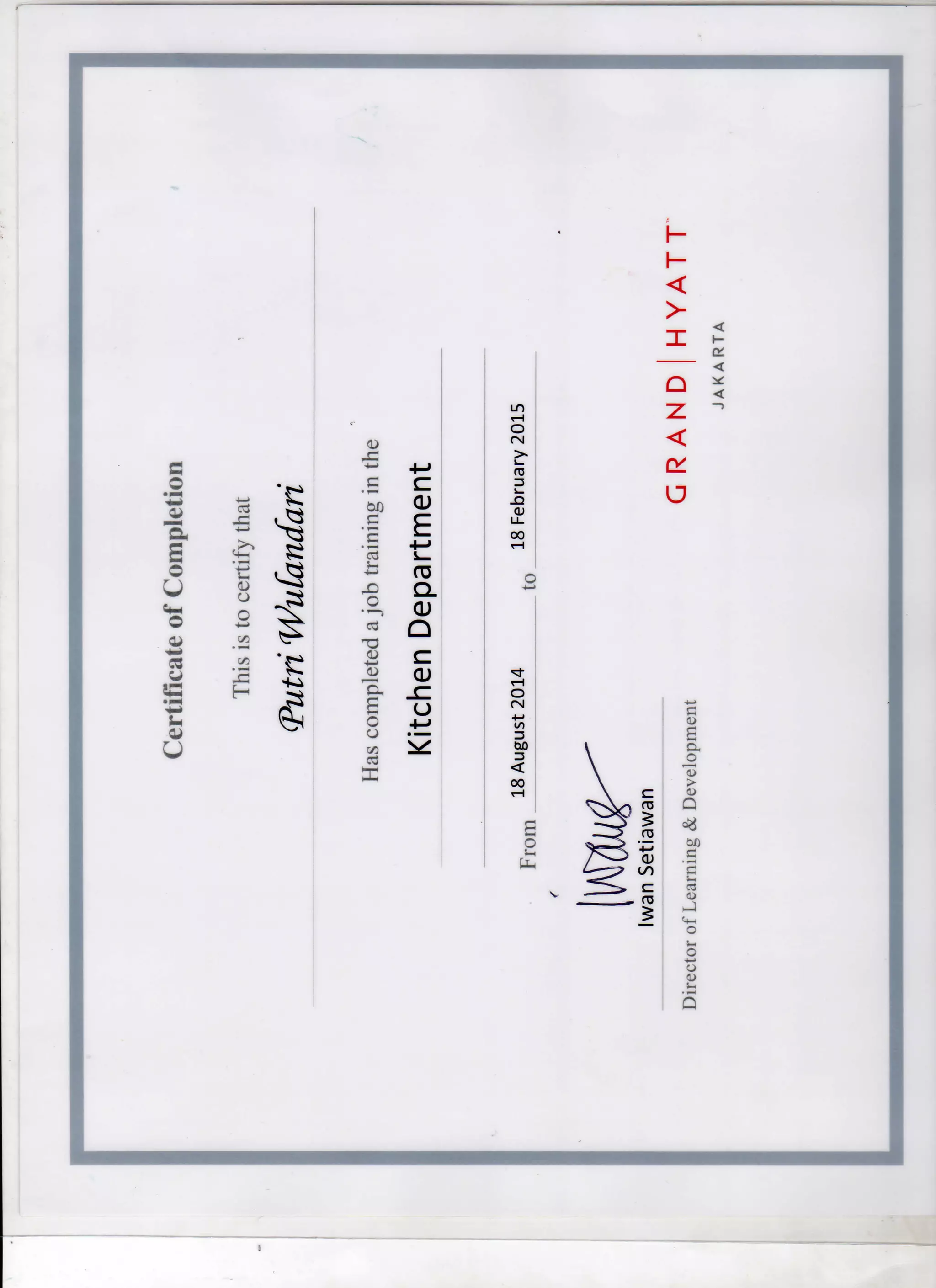Certificate Grand Hyatt Hotel Jakarta | PDF