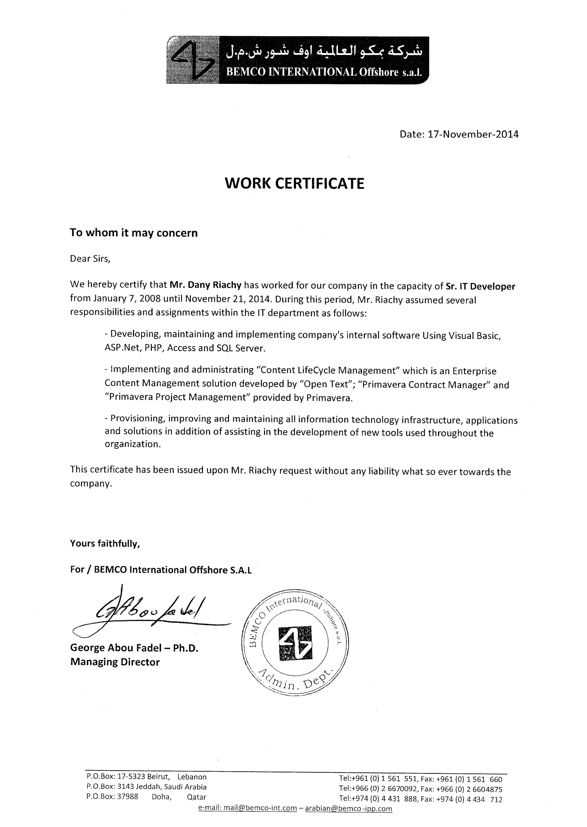 Work Certificate BEMCO | PDF