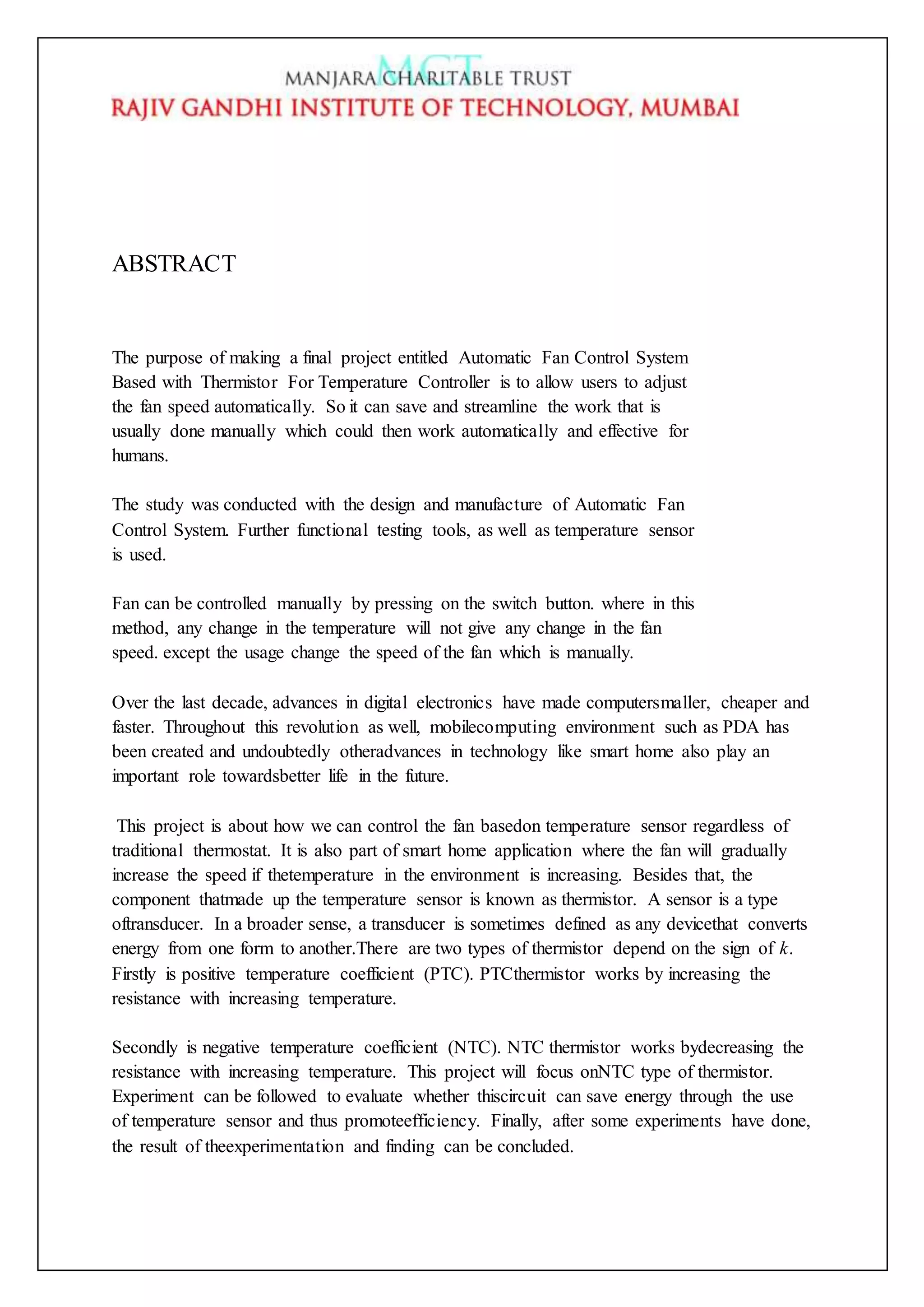 AUTOMATIC FAN CONTROLLER USING THERMISTOR | DOCX