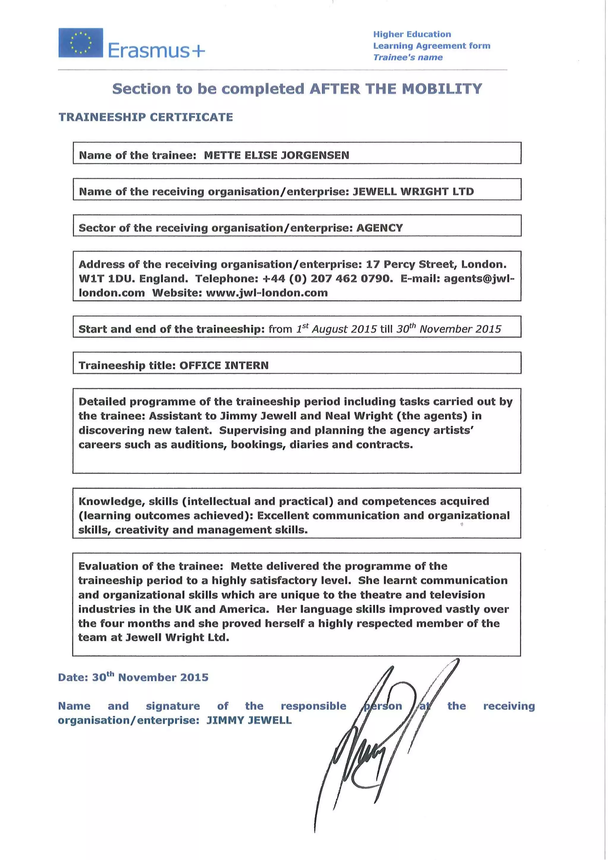 JWL Training Agreement - After Mobility | PDF