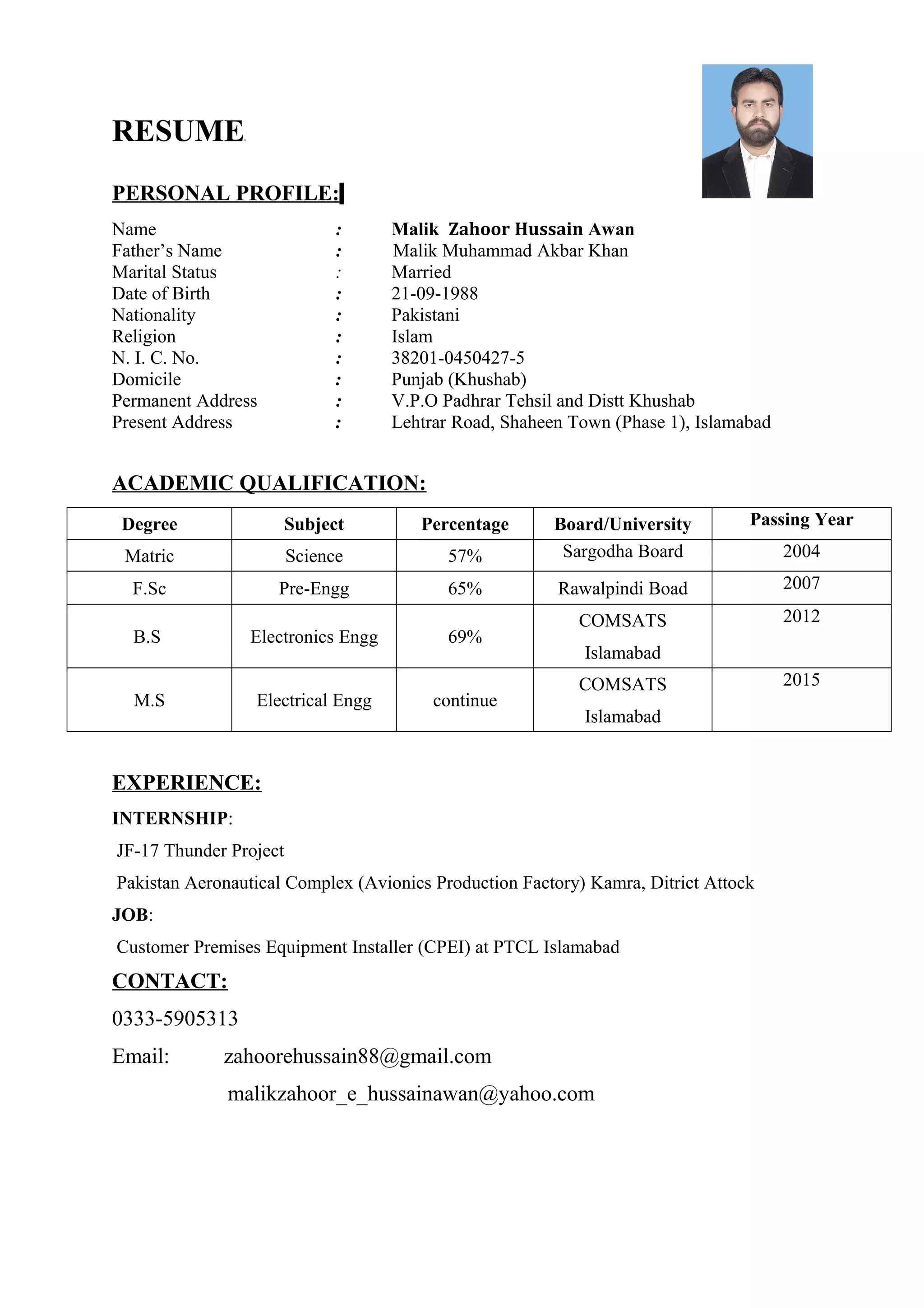 Resume Malik Zahoor Hussain | DOC