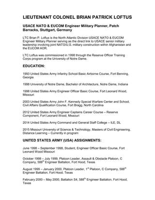LTC Brian P Loftus Military Bio 21DEC2015 | PDF