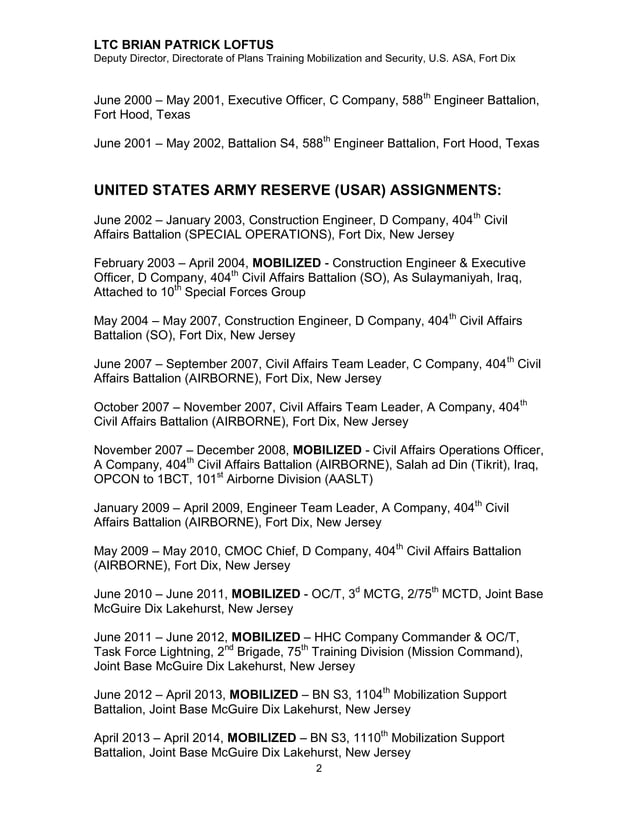 LTC Brian P Loftus Military Bio 21DEC2015 | PDF