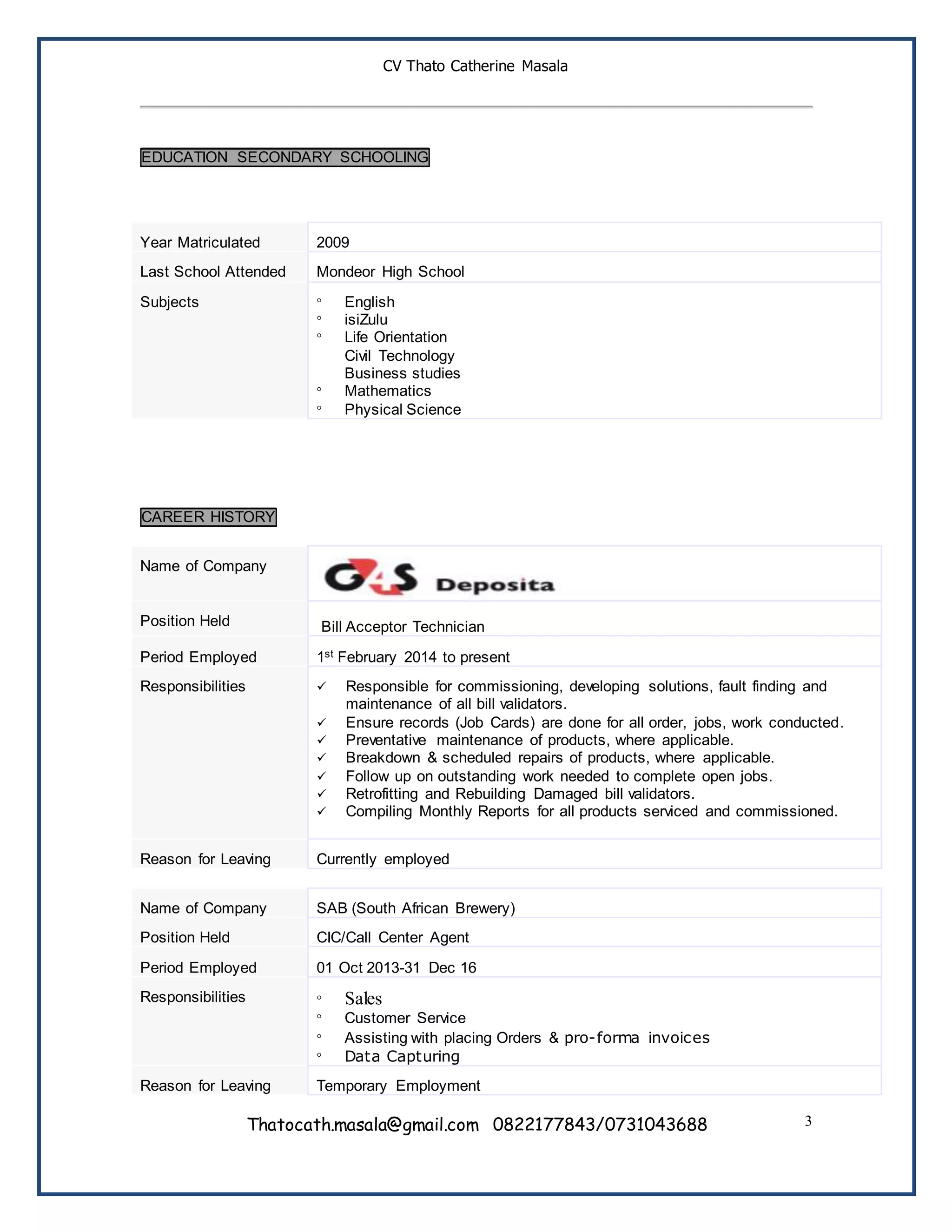 cv of thato catherine masala | PDF