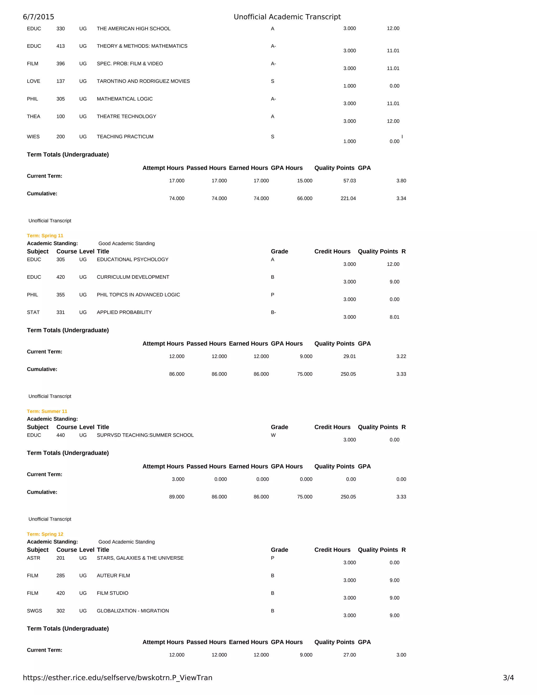 Unofficial Academic Transcript Nathan Gabriel | PDF