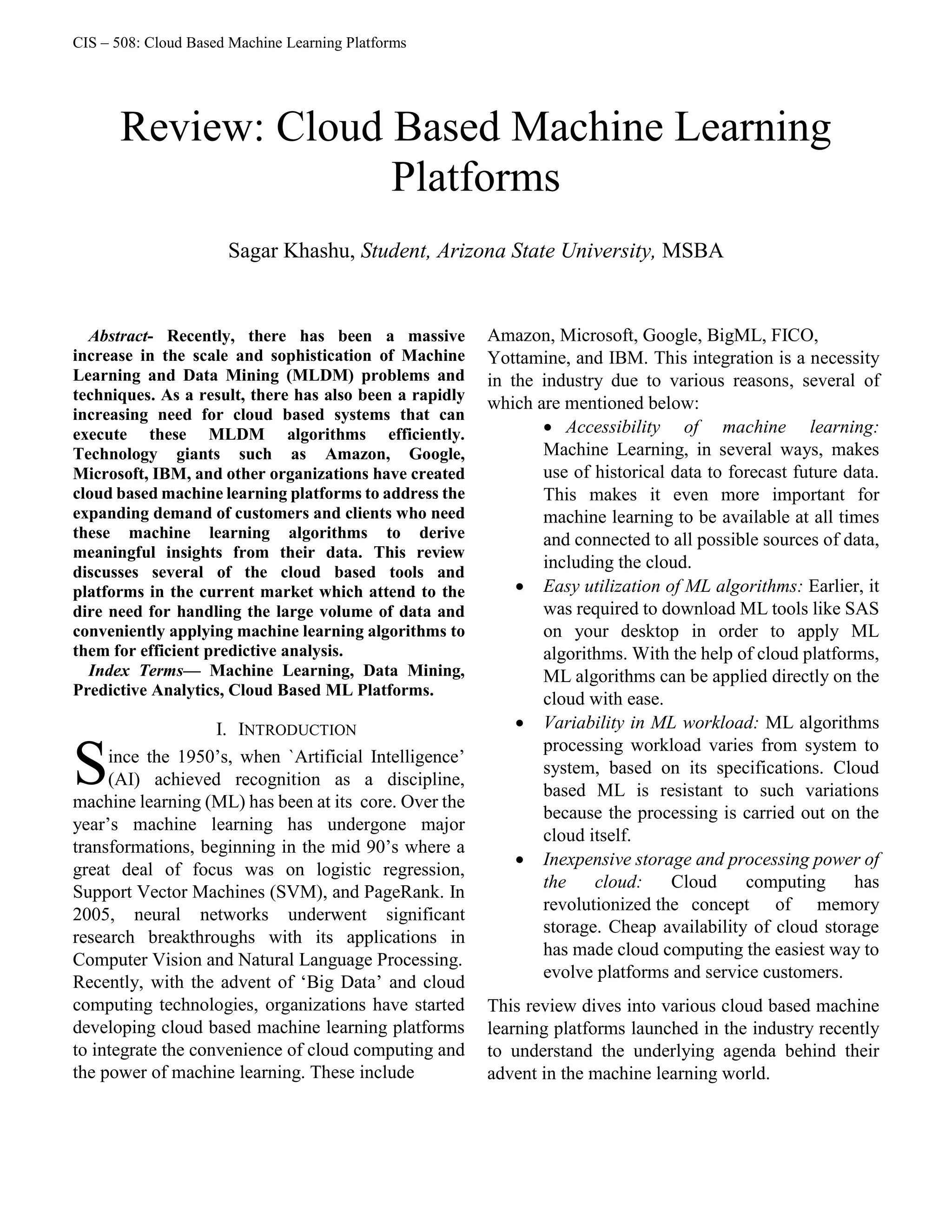 Cloud based Machine Learning Platforms, a review - Sagar Khashu | PDF ...
