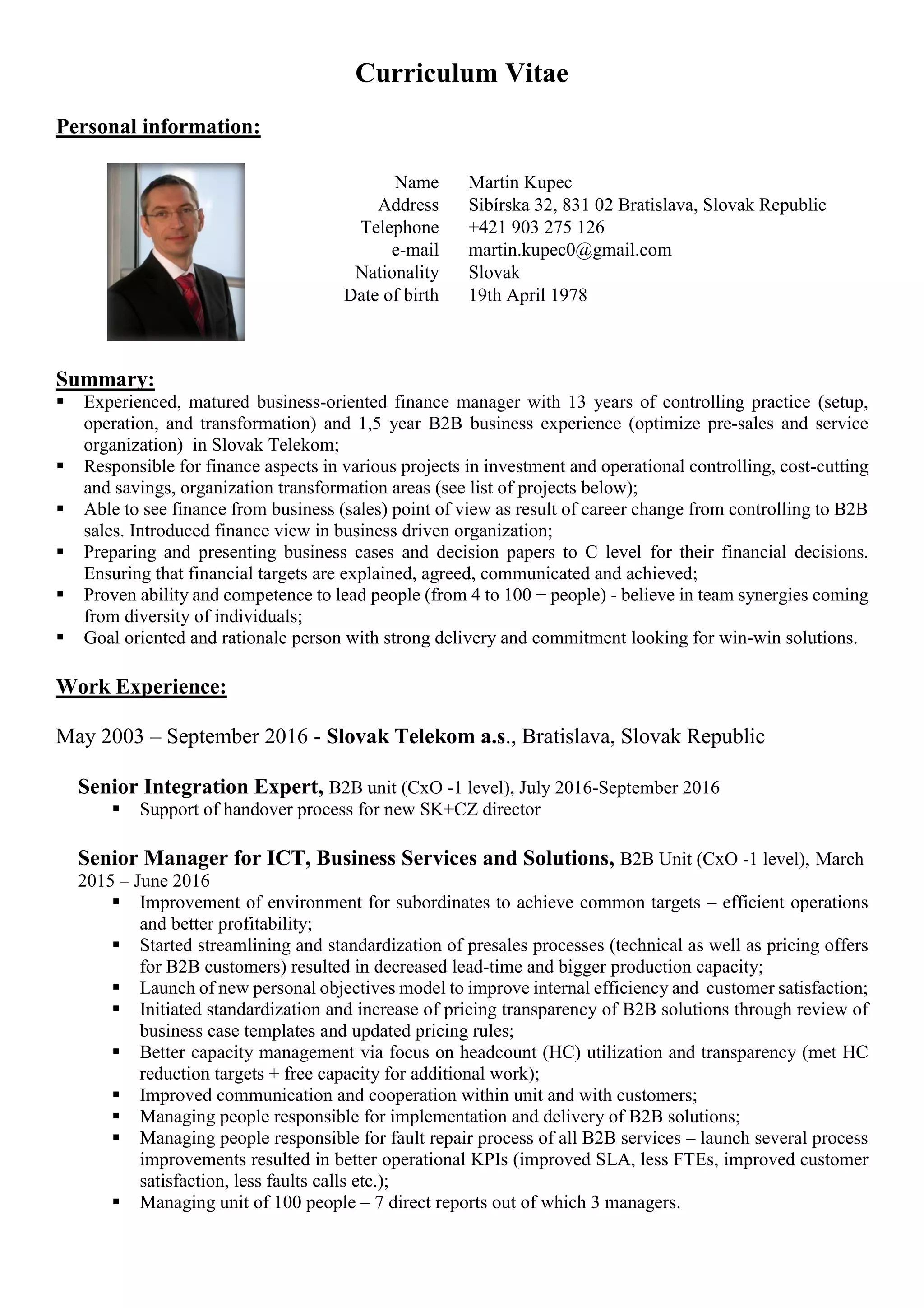 Martin Kupec CV_oct 2016 v1 | PDF | Business Administration | Business