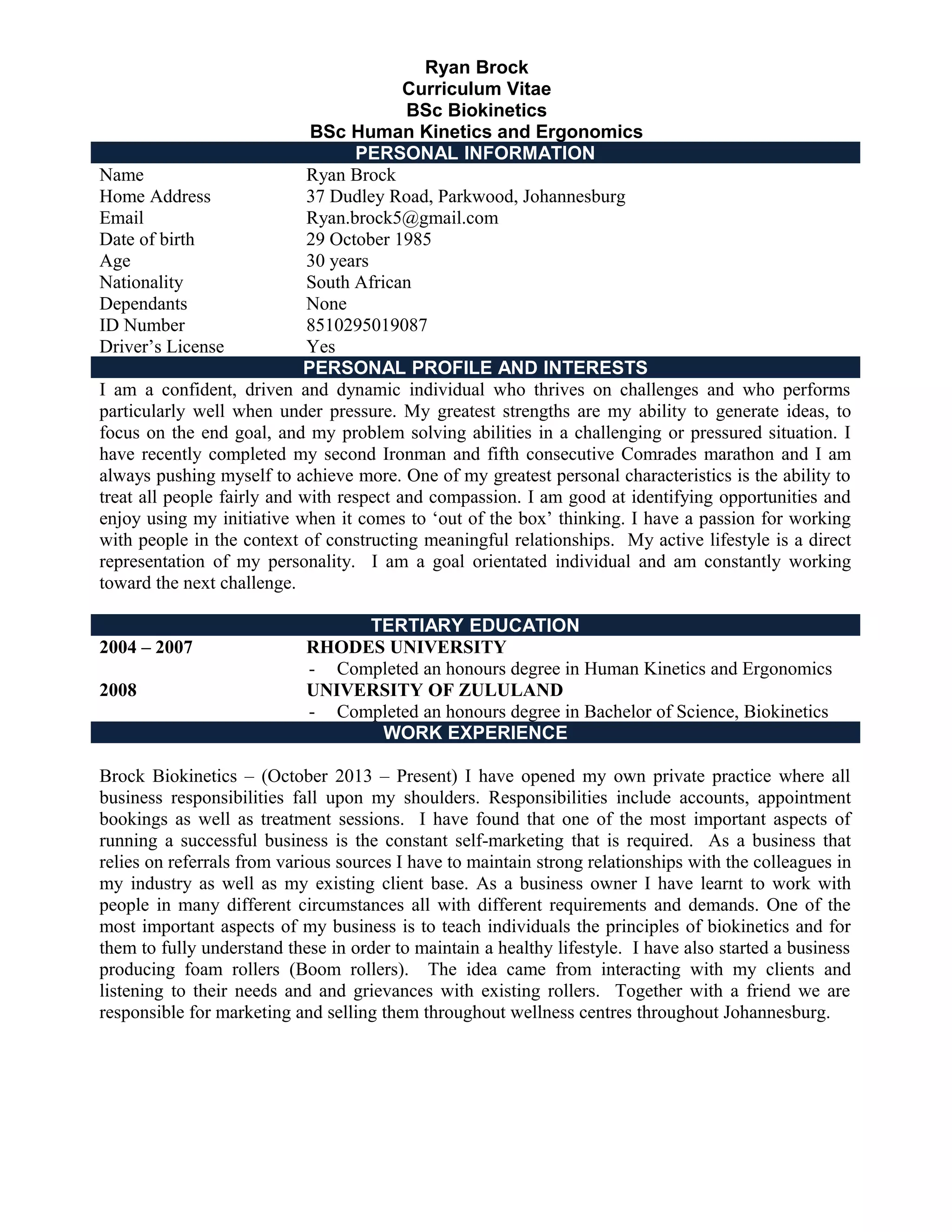 Ryan Brock CV 2015 | DOC