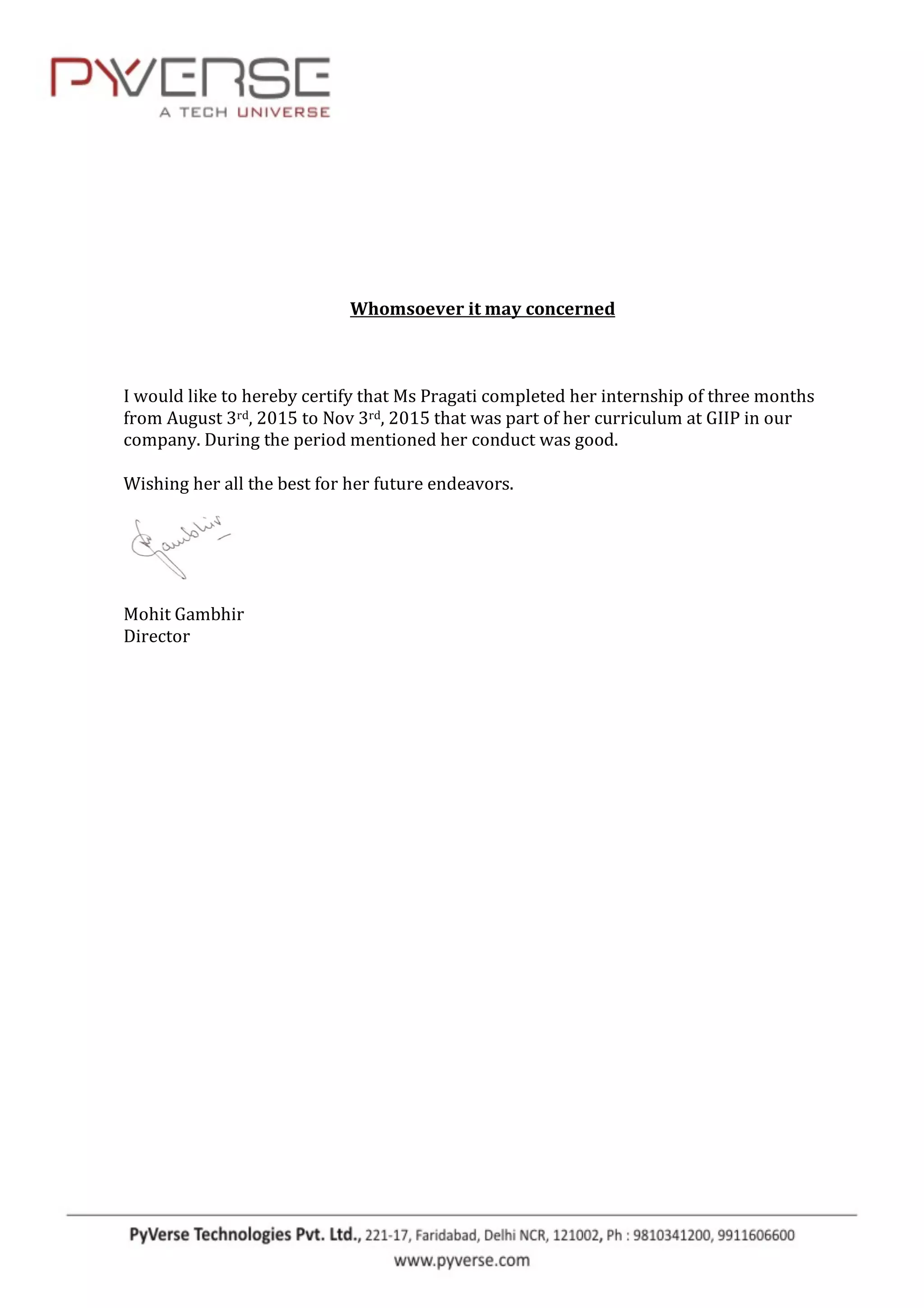 internship letter - Pragati | PDF