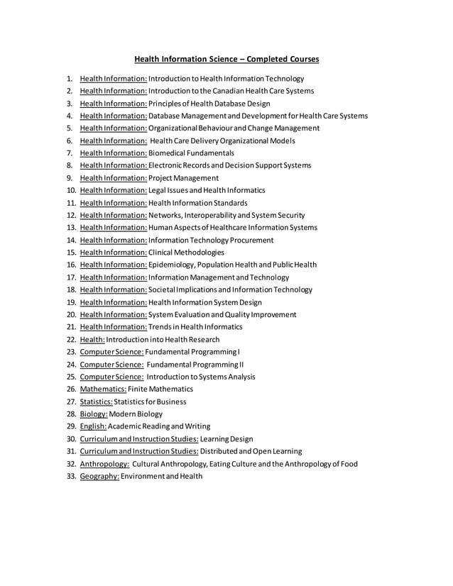 Health Information Science_completed courses | DOCX