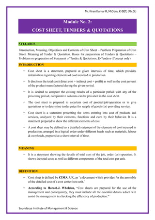 Module No. 2 : COST SHEET, TENDERS & QUOTATIONS | PDF