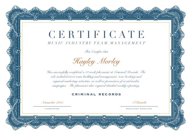 Hayley Morley Placement Certificate