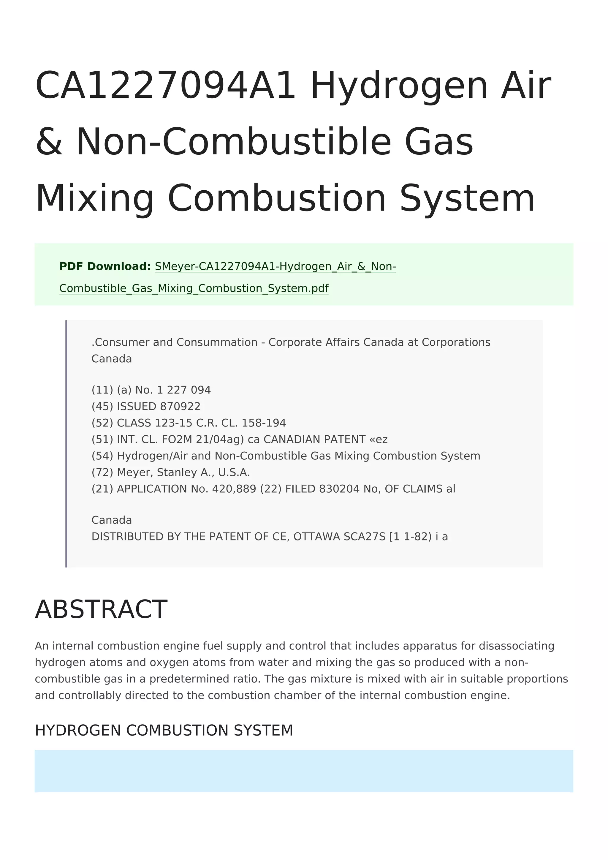 ca1227094a1-hydrogen-air-non-combustible-gas-mixing-combustion-system.pdf | Chemistry | Science