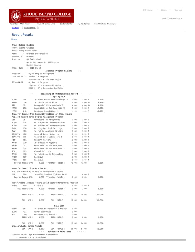 Unofficial Transcript, RIC | PDF | Undergraduate Education | College ...