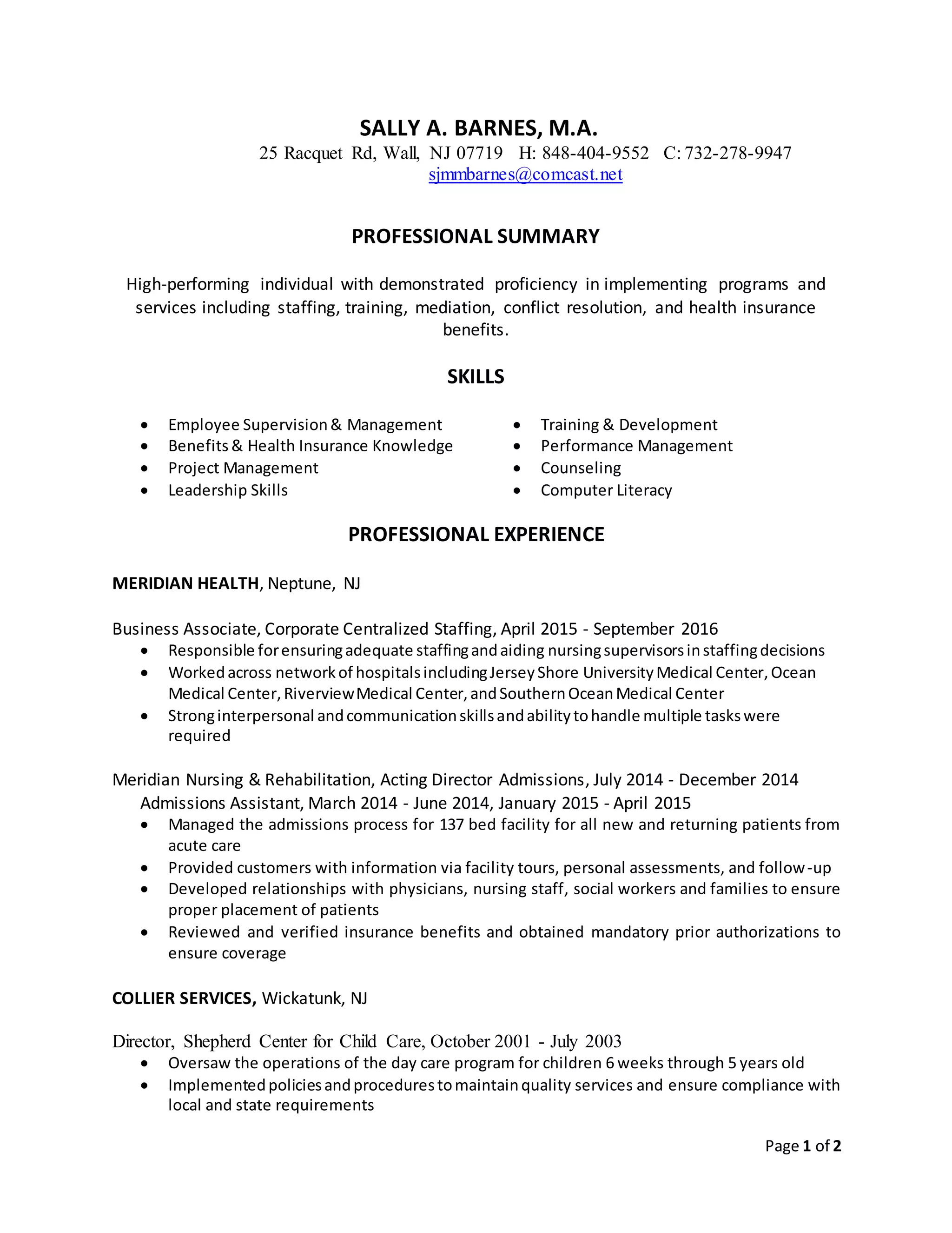 Sally Barnes Resume | DOCX