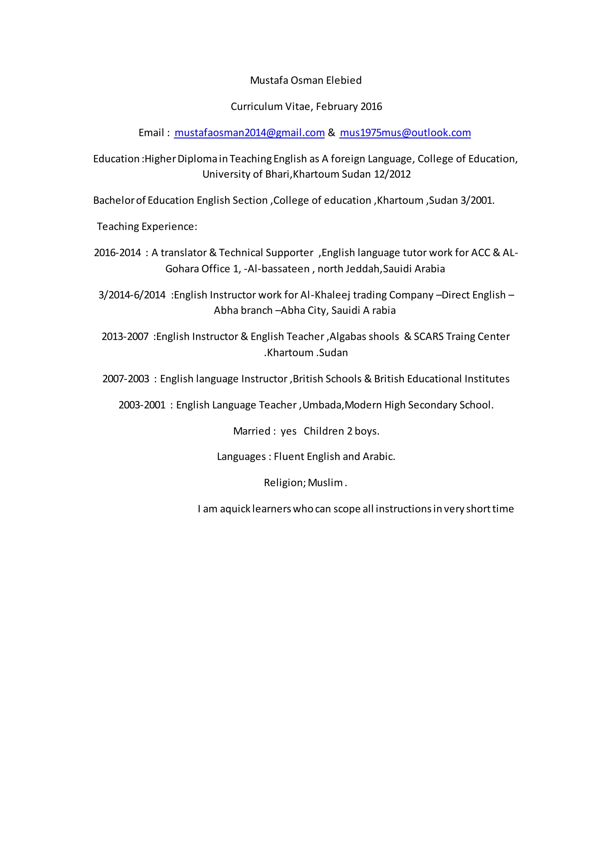 Mustafa Osman Elebied cv | DOCX | Education