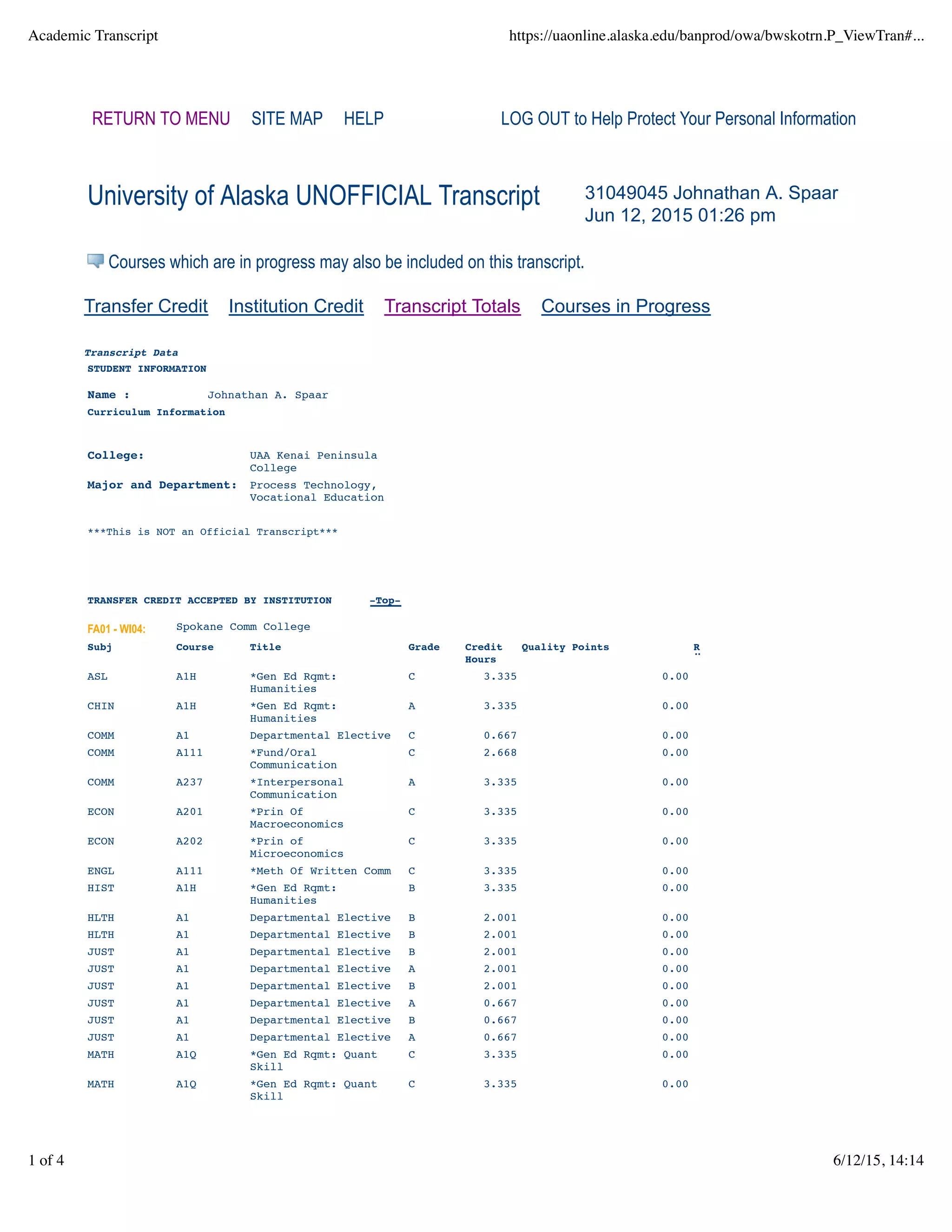 Academic Transcript 06-10-15 | PDF | Undergraduate Education | College Education
