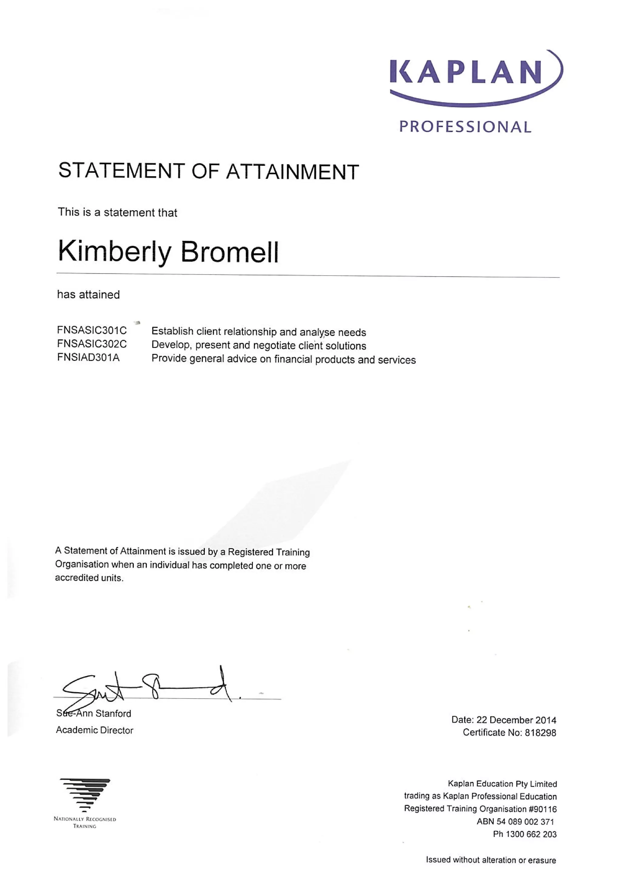 Bromell, Kimberly - Tier 2 Statement of Attainment | PDF
