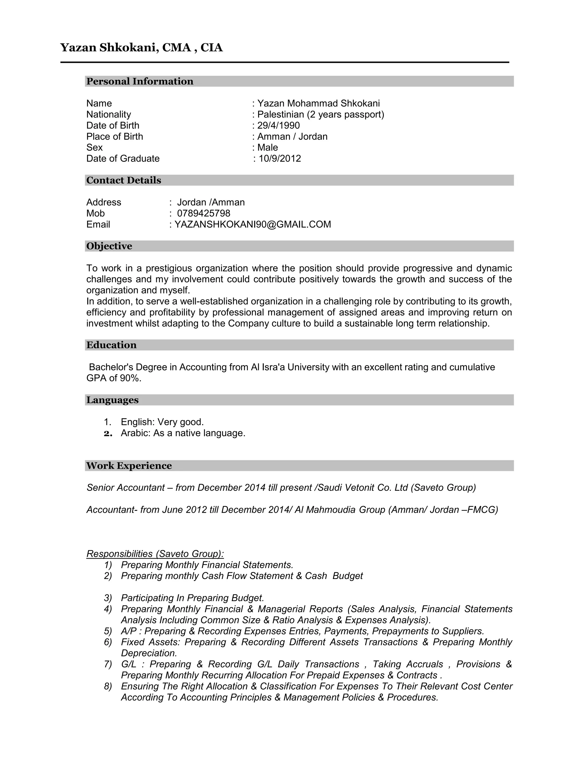 Yazan Shkokani CMA | PDF | Business Accounting & Finance | Business