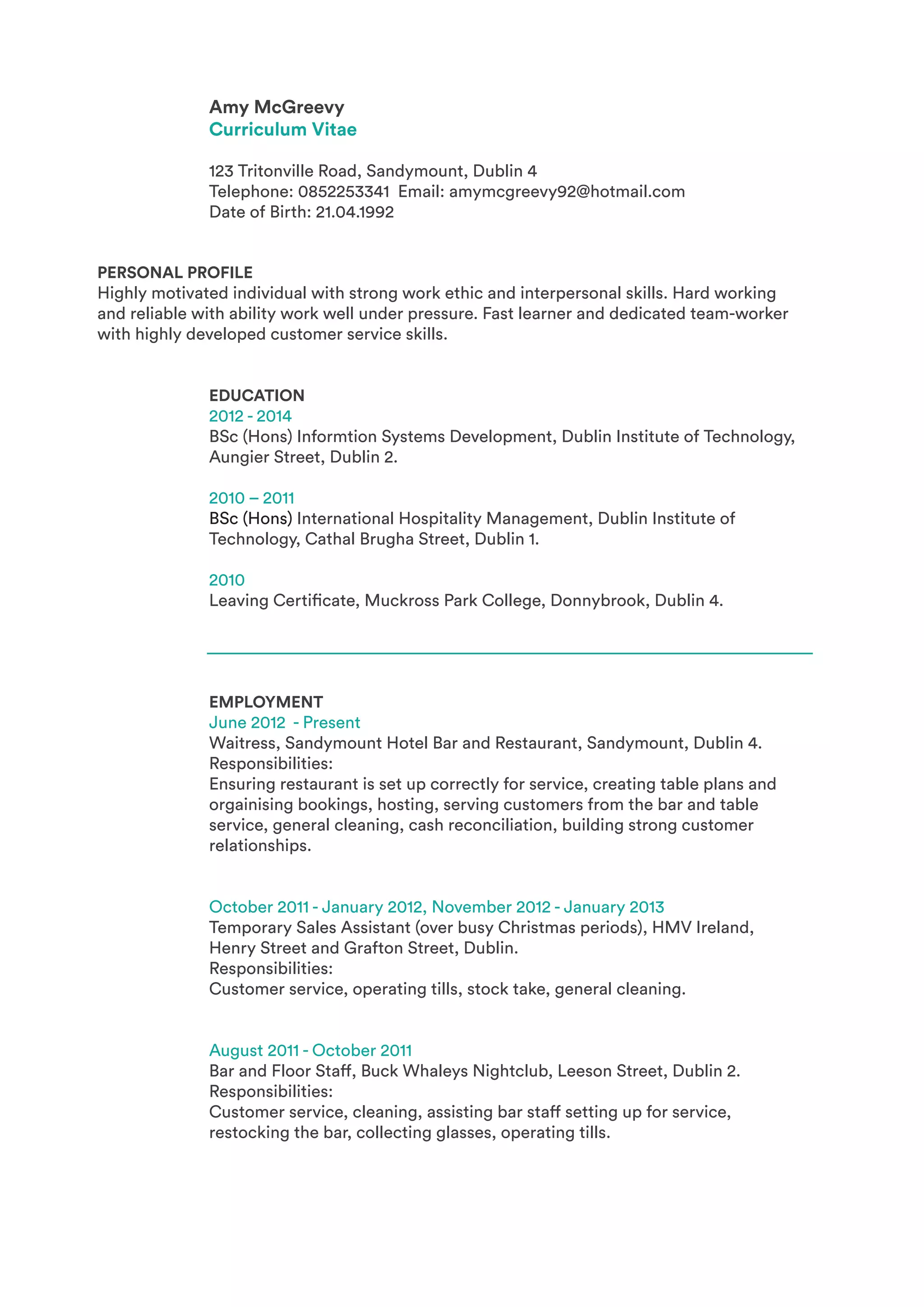 Amy Mc Greevy C.V (1) | PDF