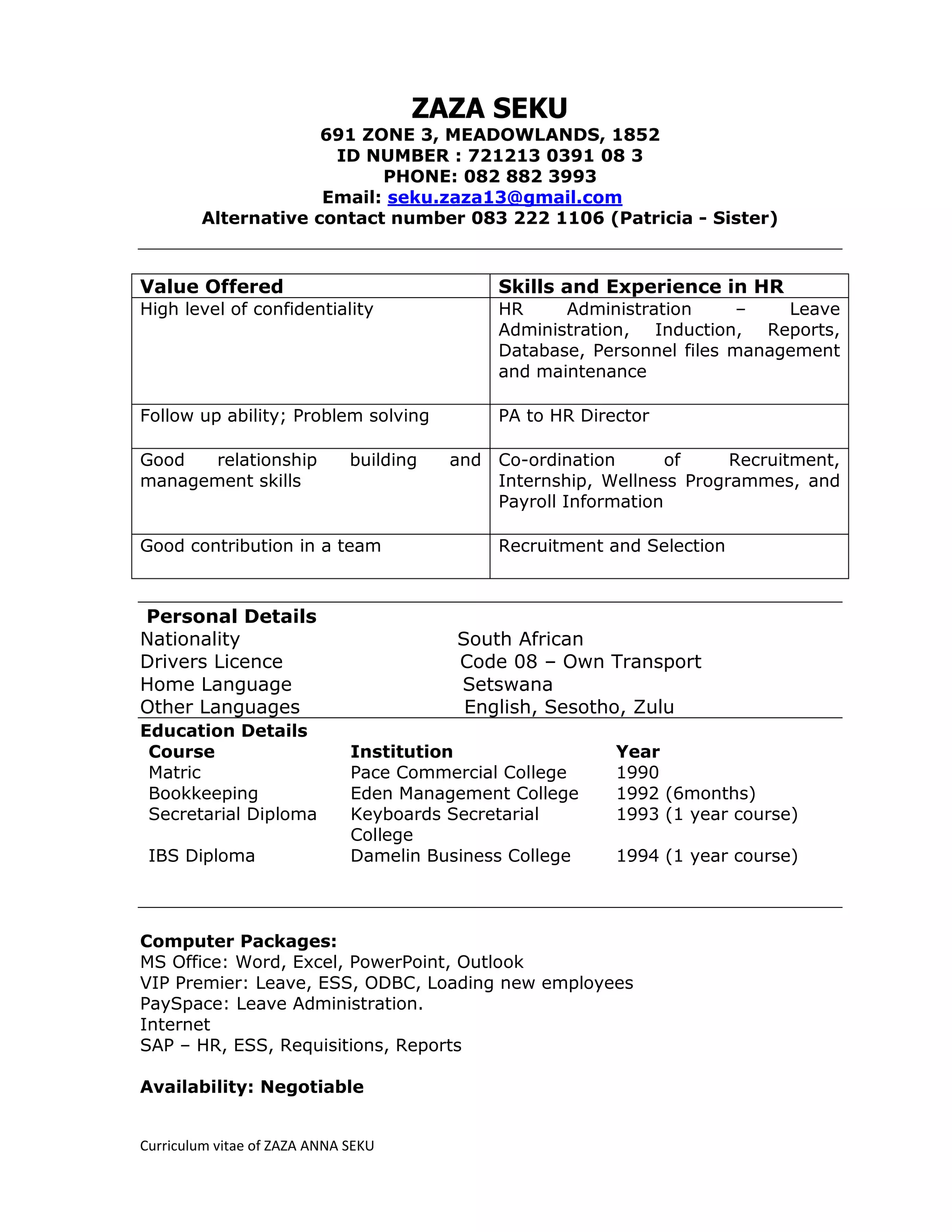 CV ZA Seku | PDF | Human Resources | Business
