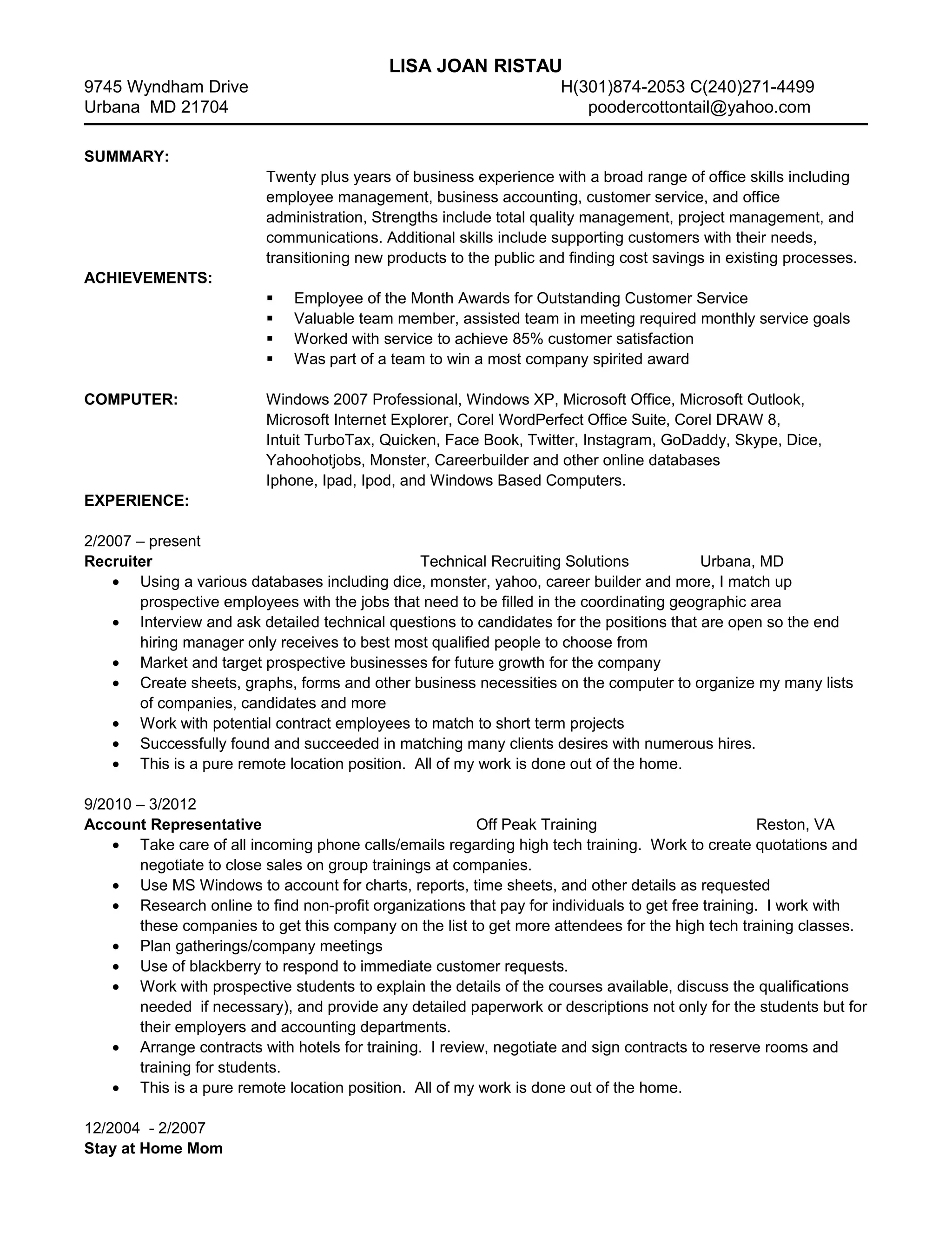 Resume for Lisa Ristau v2.00 032015 | DOC