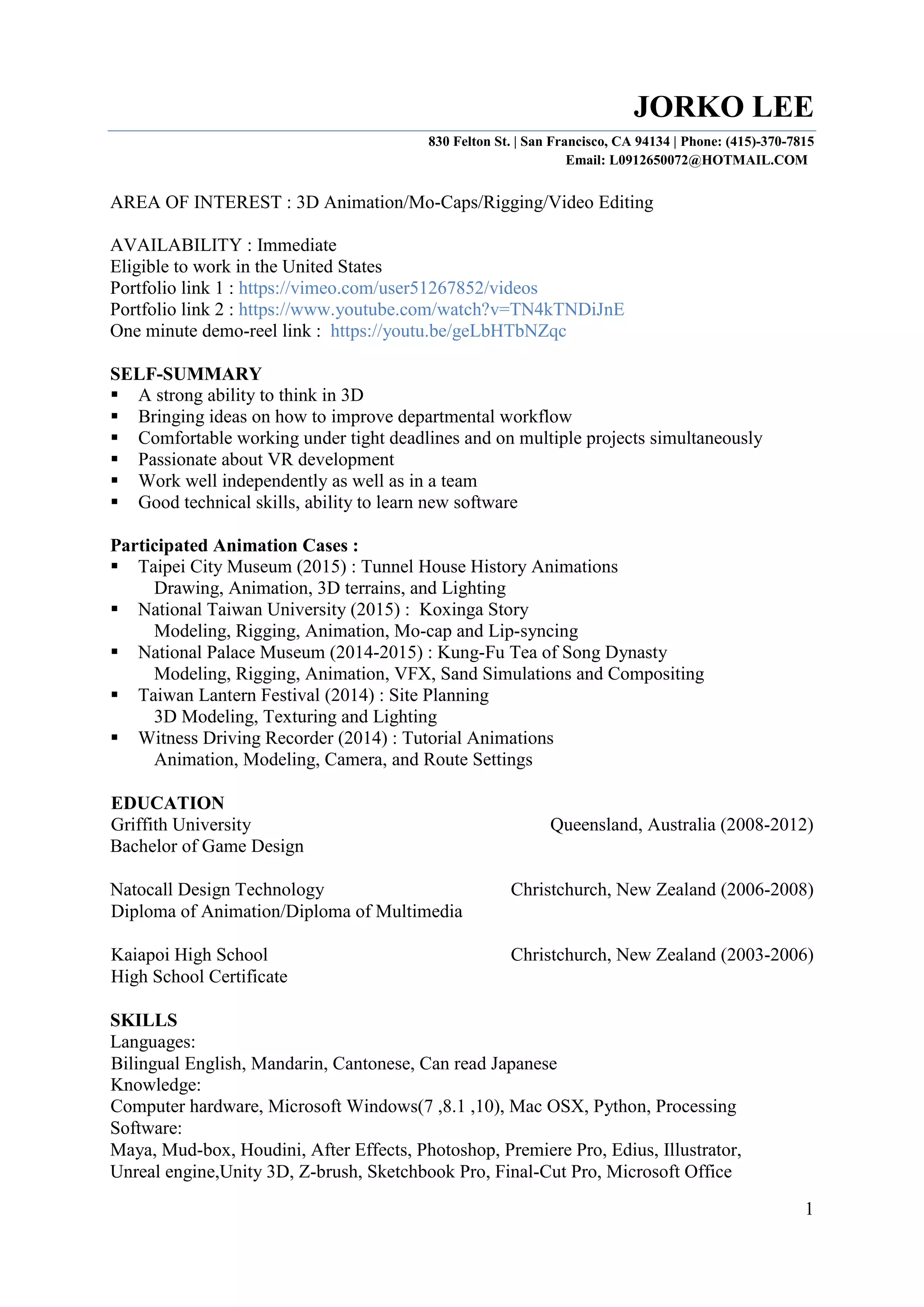 CHENYU LEE 2016 _resume | PDF | Computer Animation | Computer Software and Applications