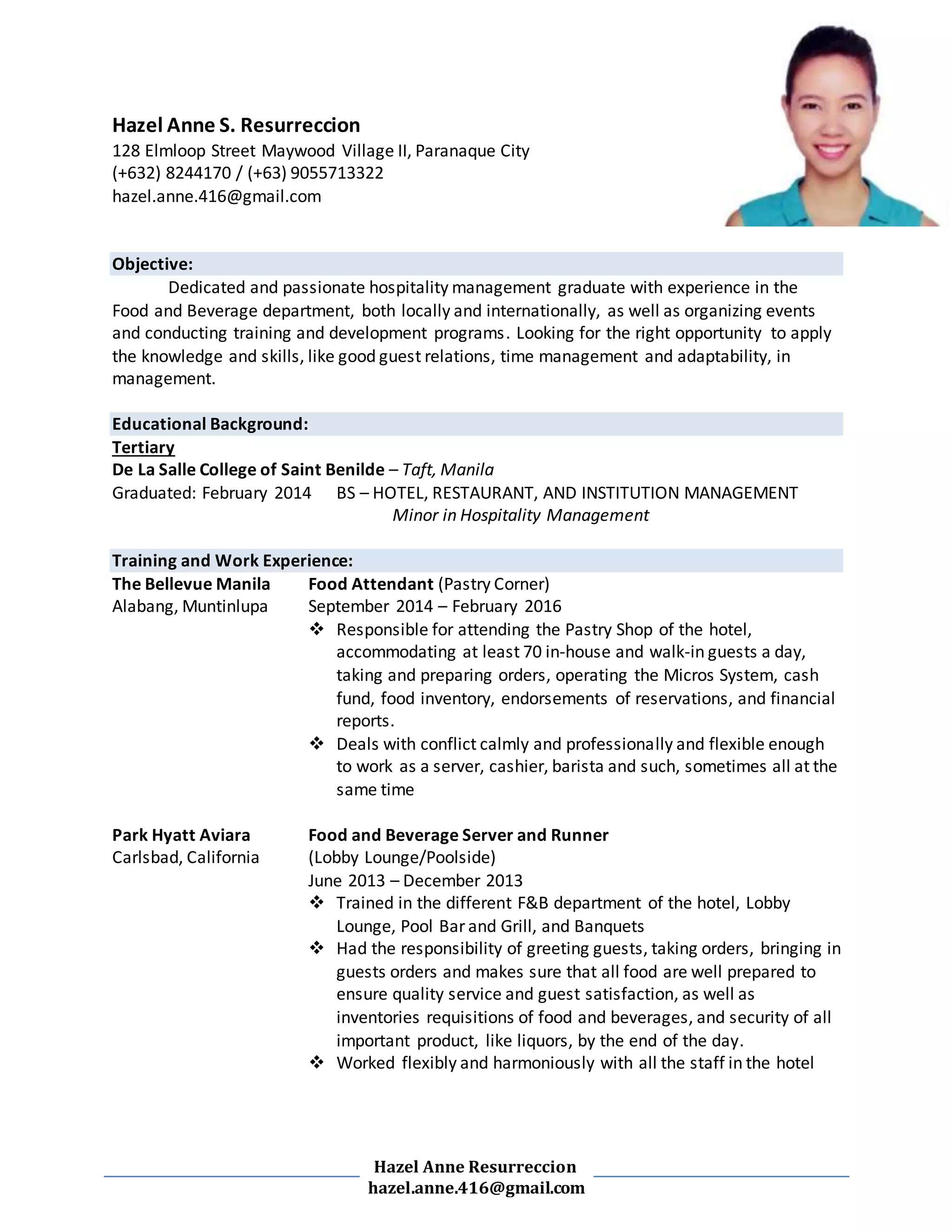 Resume (03-14-16) Resurreccion, Hazel Anne | DOCX