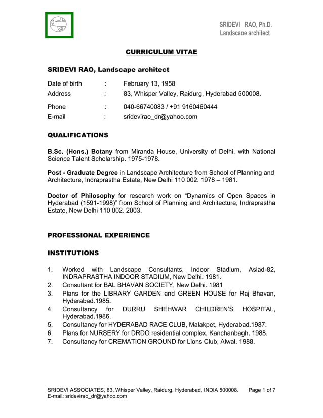 SRIDEVI RAO CV 2015 | PDF | Landscaping | Home & Garden
