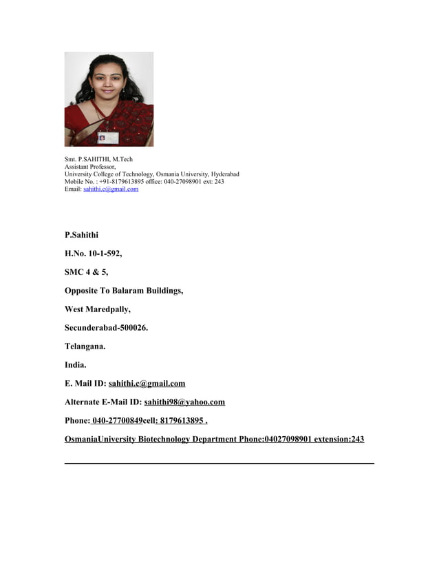 sahithi Updated CV for jobs | DOC | Biotech and Biomedical Industry | Industries