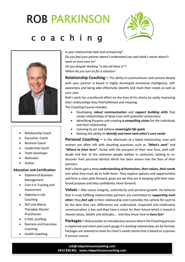 Professional Profile - Rob Parkinson Relationship Coach Dec 2016 | PDF