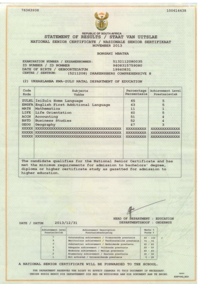 MATRIC STATEMENT MATRIC STATEMENT
