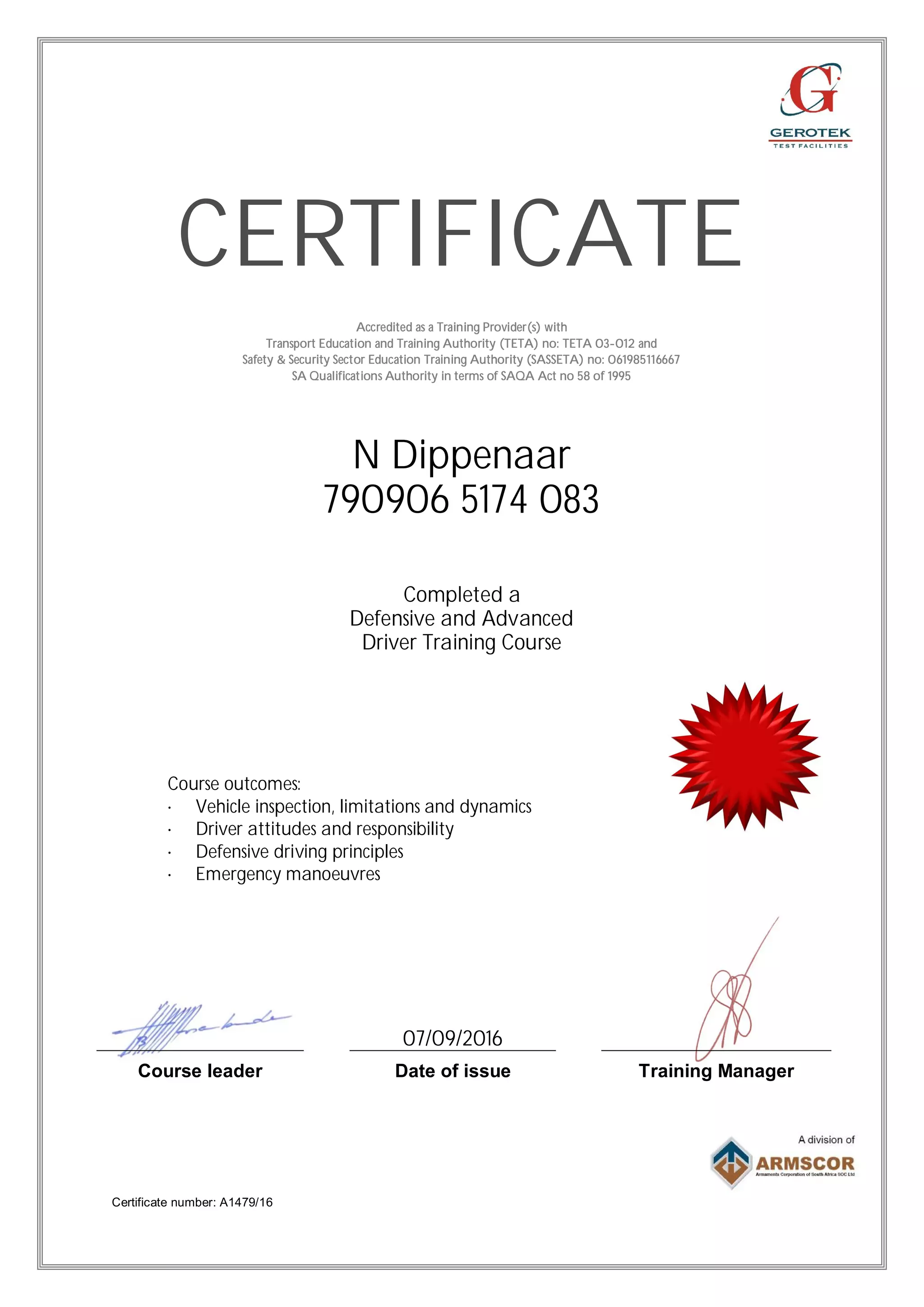 N Dippenaar Advanced Driving Certificates 07 Sept 16-3 | PDF