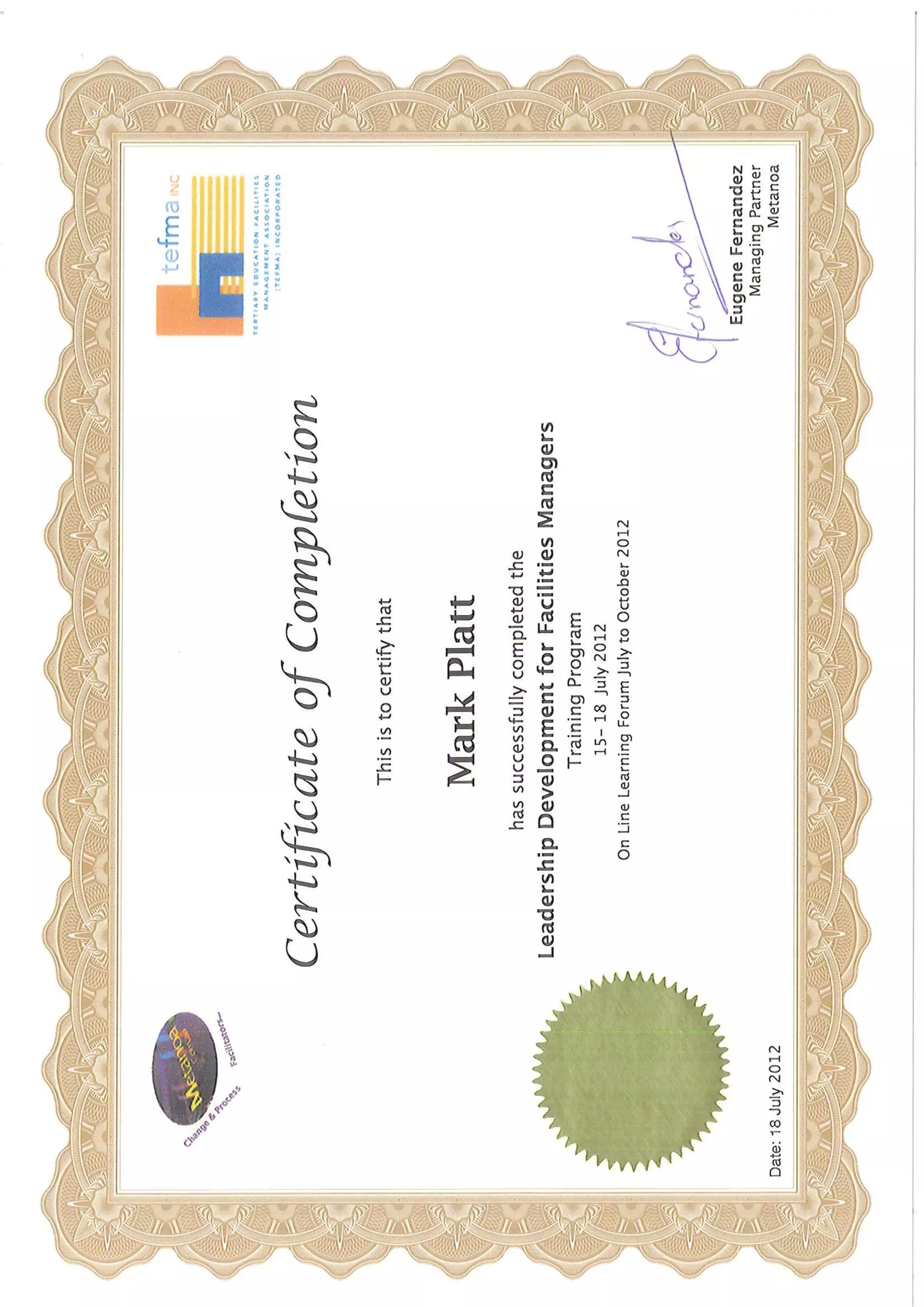 Certificate Of Completion Facilities Manager | PDF
