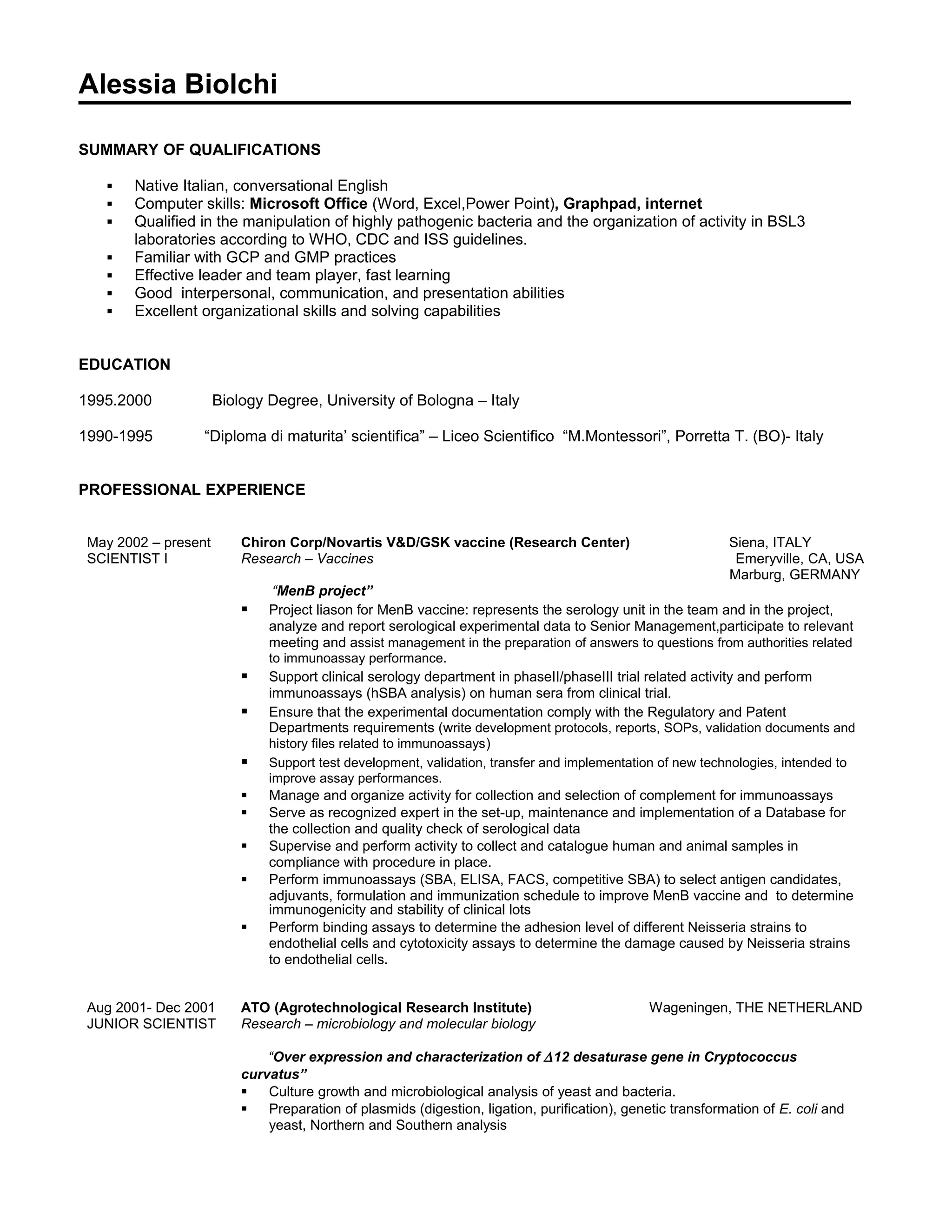 BIOLCHI CV 2016 GSK | DOC | Genetics | Science