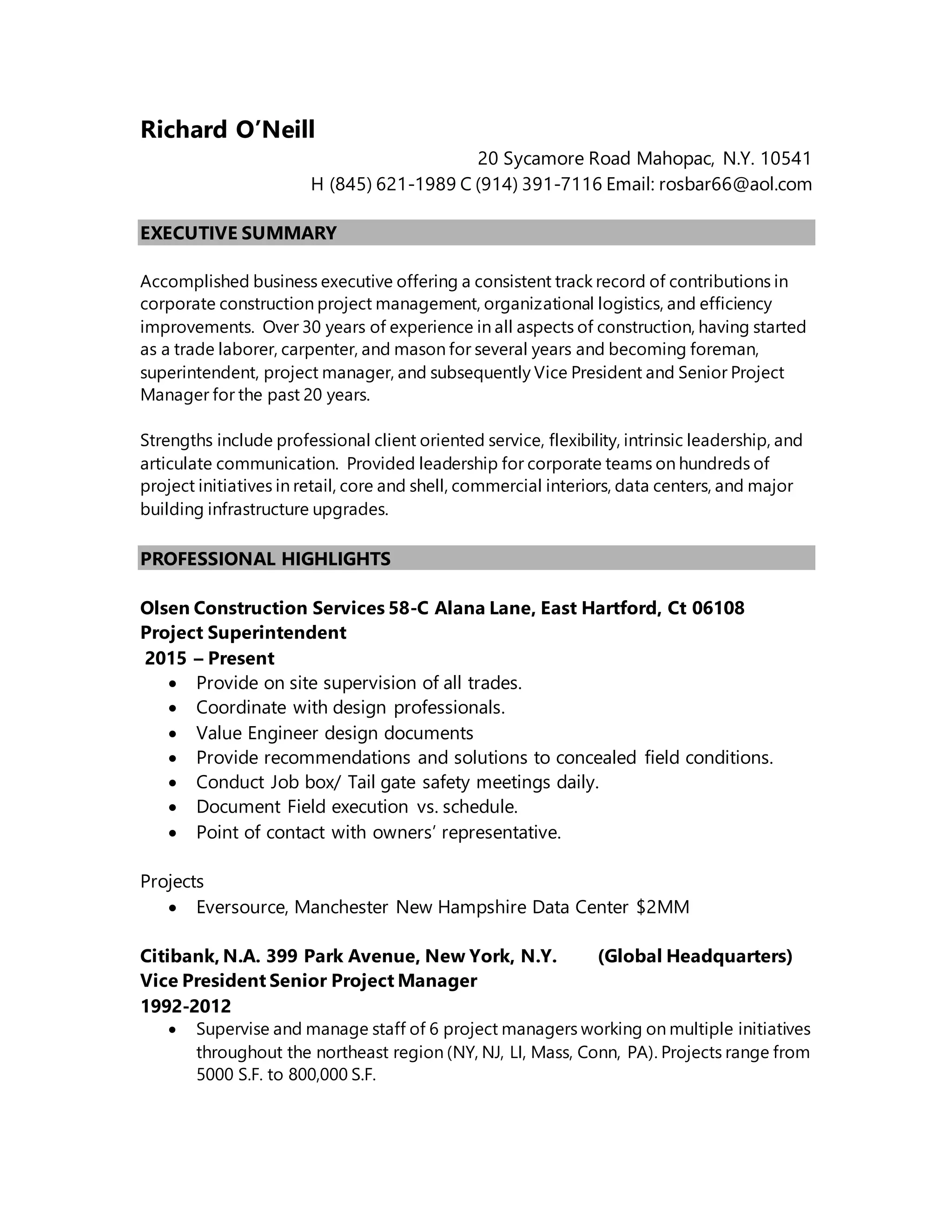 Richard O'Neill Resume | DOCX | Construction Industry | Industries