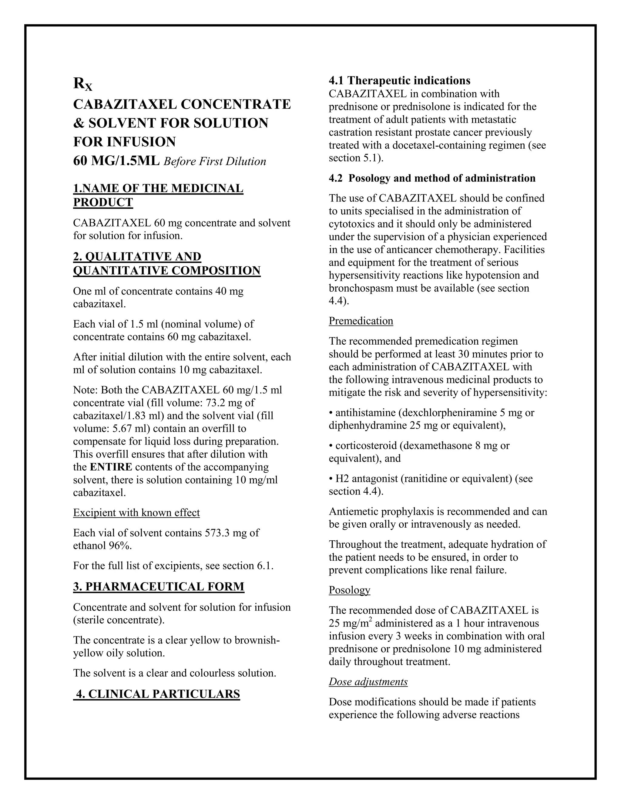 Cabazitaxel 60 mg concentrate and solvent for solution for infusion ...