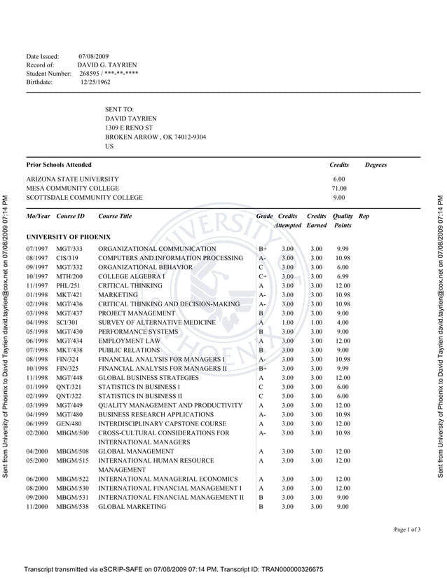 uopOfficialcompleted-transcript | PDF | Business | Business and Finance